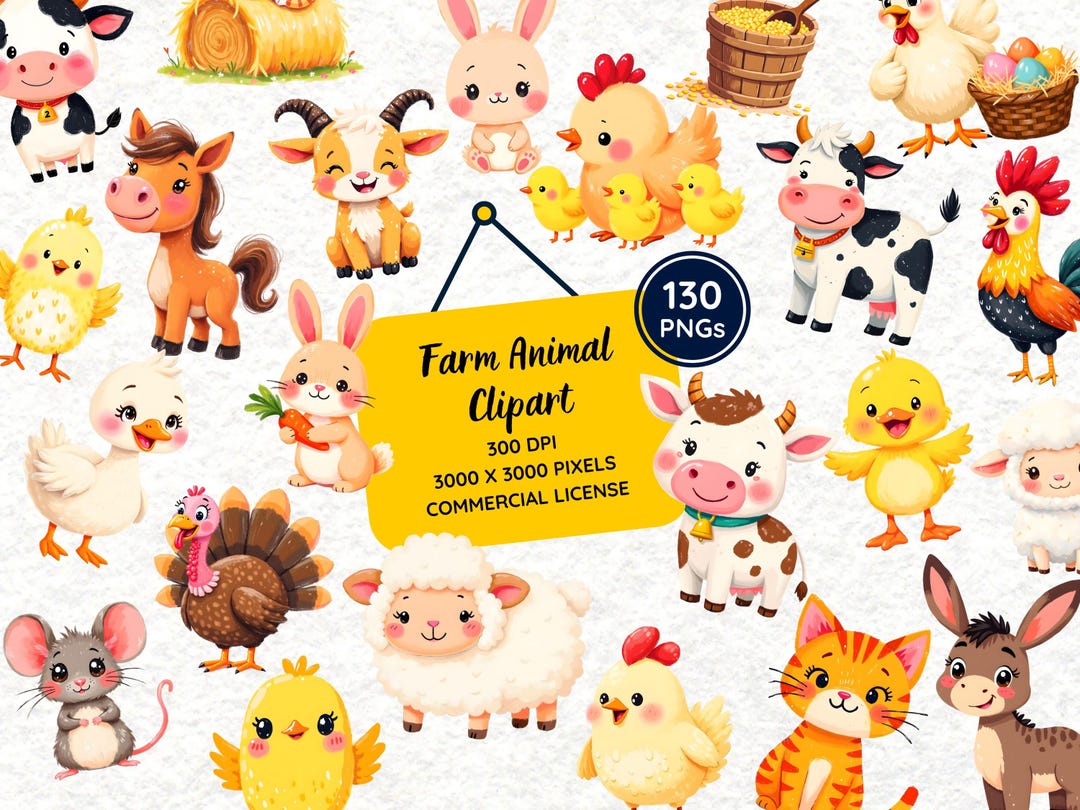 Farm Animals Clipart Set | Cute Farm Animal PNG Bundle | Rooster Cow ...