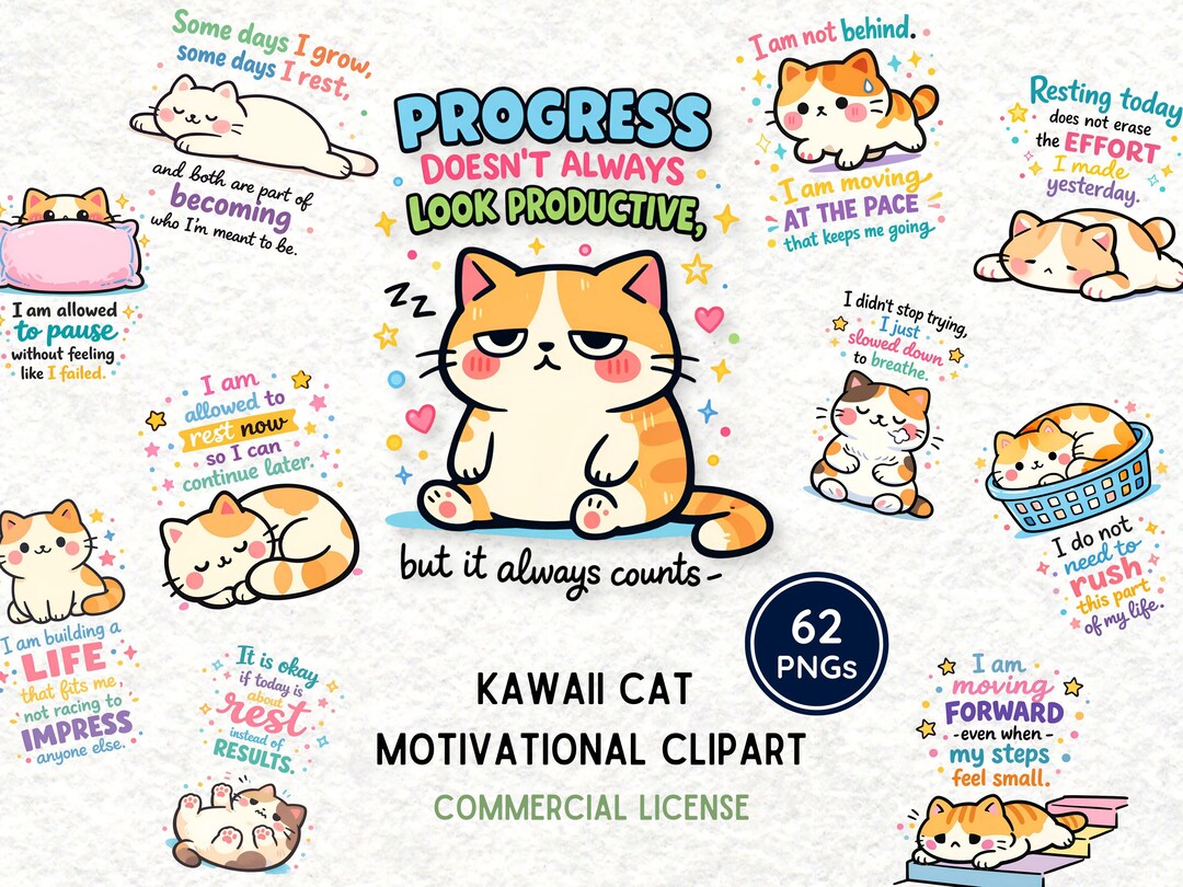 Kawaii Cat Motivational Clipart PNG | Cute Self Care Cat Quotes ...