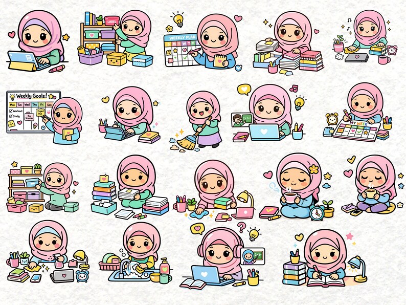 Kawaii Hijabi Productivity Clipart | Cute Muslim Girl Planner Stickers ...