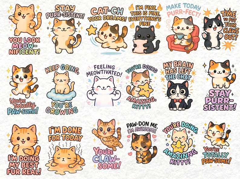 Funny Motivational Cat Quote Clipart Bundle | Kawaii Cat PNG Stickers ...