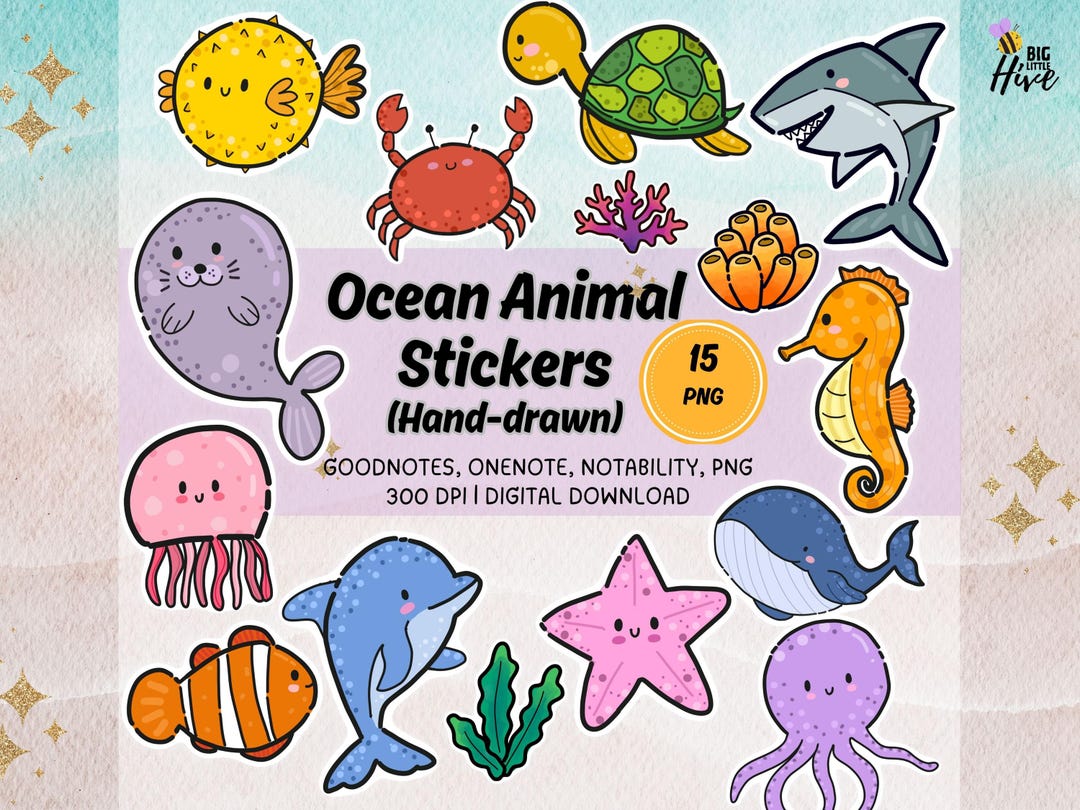 Ocean Animal Digital Stickers | 15 PNG Sea Life Icons | Hand-drawn ...