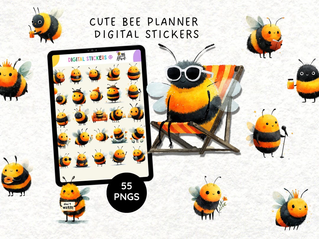 Cute Bee Digital Stickers for Planners | Bee PNG Icons + Goodnotes ...