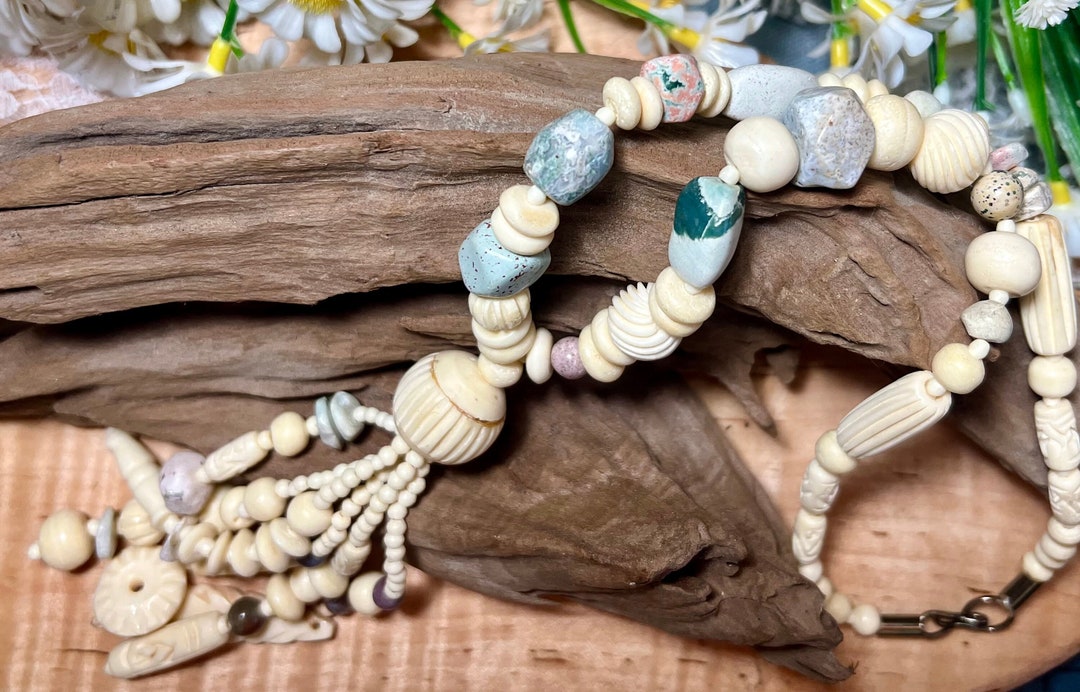 Vintage Native American Hand Carved Bone and Natural Stone Beaded ...