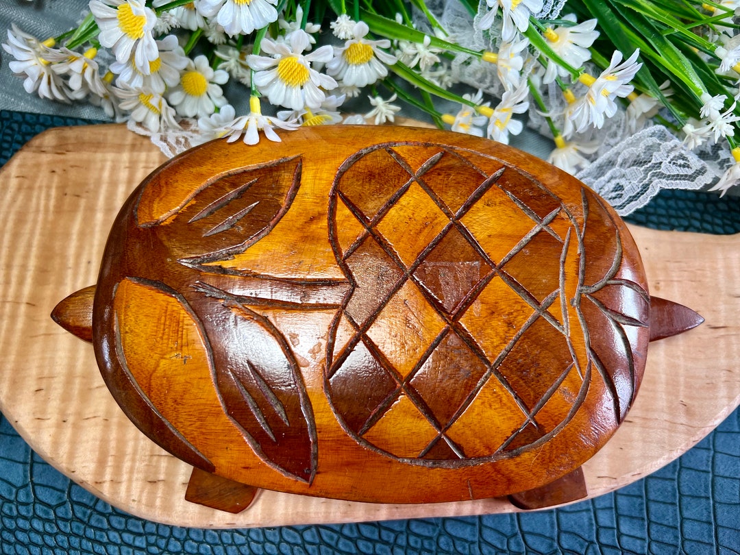 Vintage Hand Carved Solid Wood Turtle Box With Flower Carving - Etsy