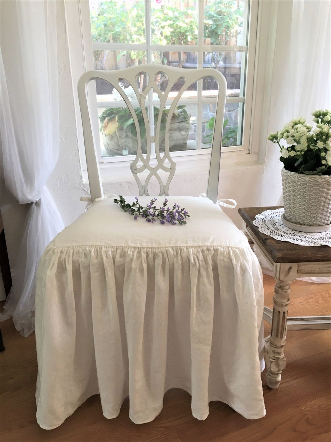 French Linen Chair Seat Covers With 4 Sided Ruffle Custom Made Chair ...