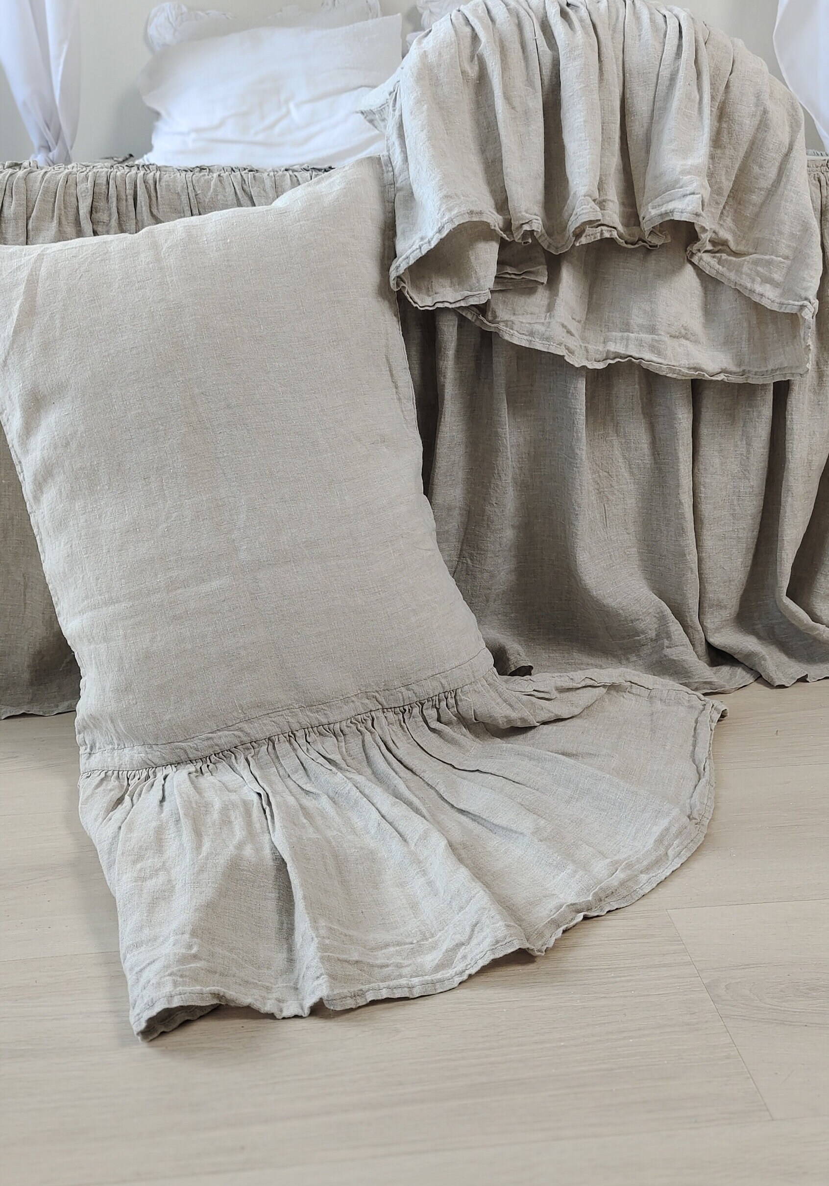 Organic Linen Pillowcase on One Side Frill Linen Ruffled Pillowcase ...