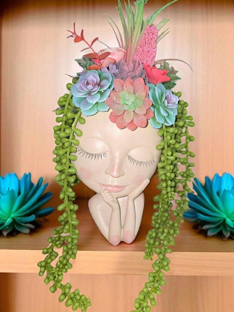 Resin Lady Head Planter: Faux Succulents & Flowers - Boho Home Decor - Etsy