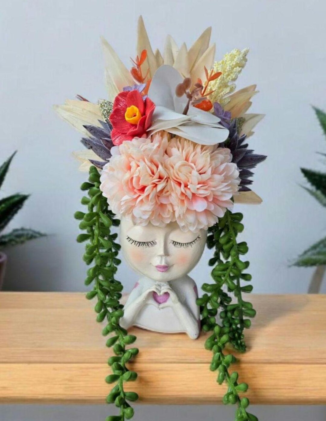 Face Planter With Lifelike Faux Flowers ., Lady Head Vase, Girl Face ...