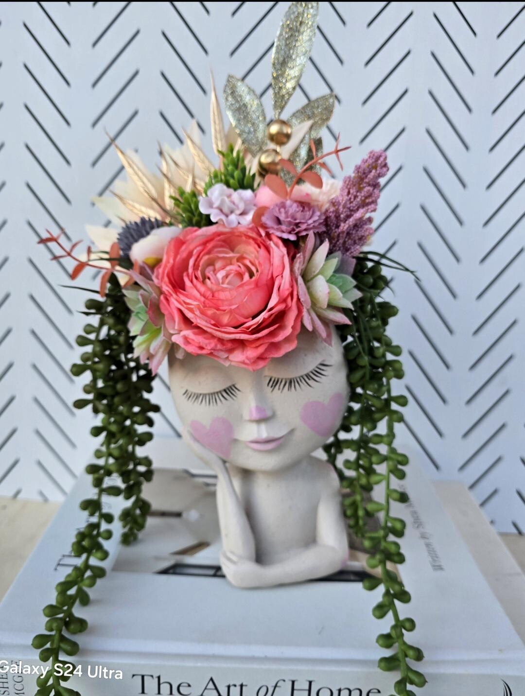 Girl Face Planter With Faux Succulants, Unique Decor, Great for Gift ...
