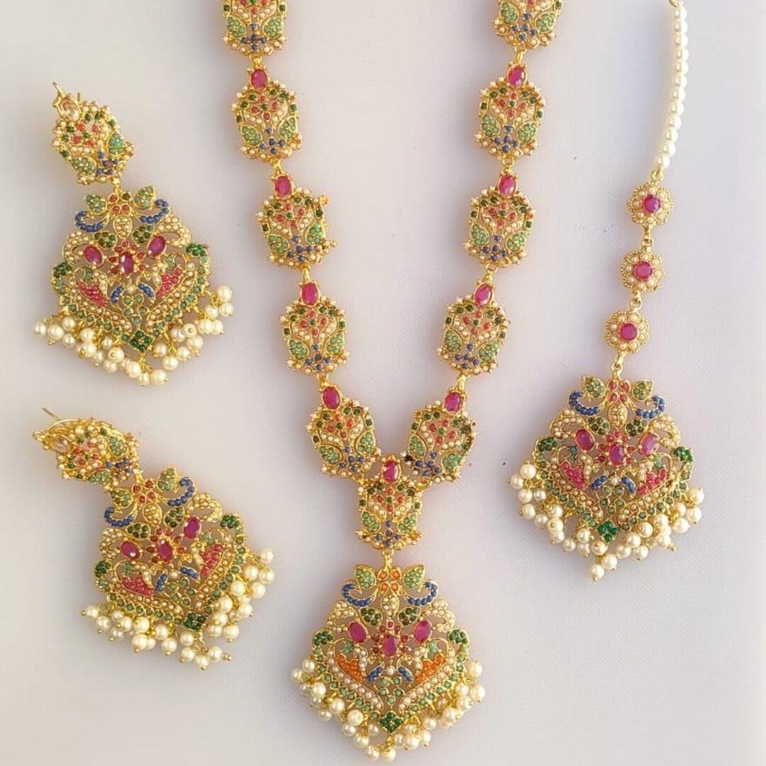 Mjbs Indian / Pakistani Nauratan Long Mala Necklace Set With Earrings ...