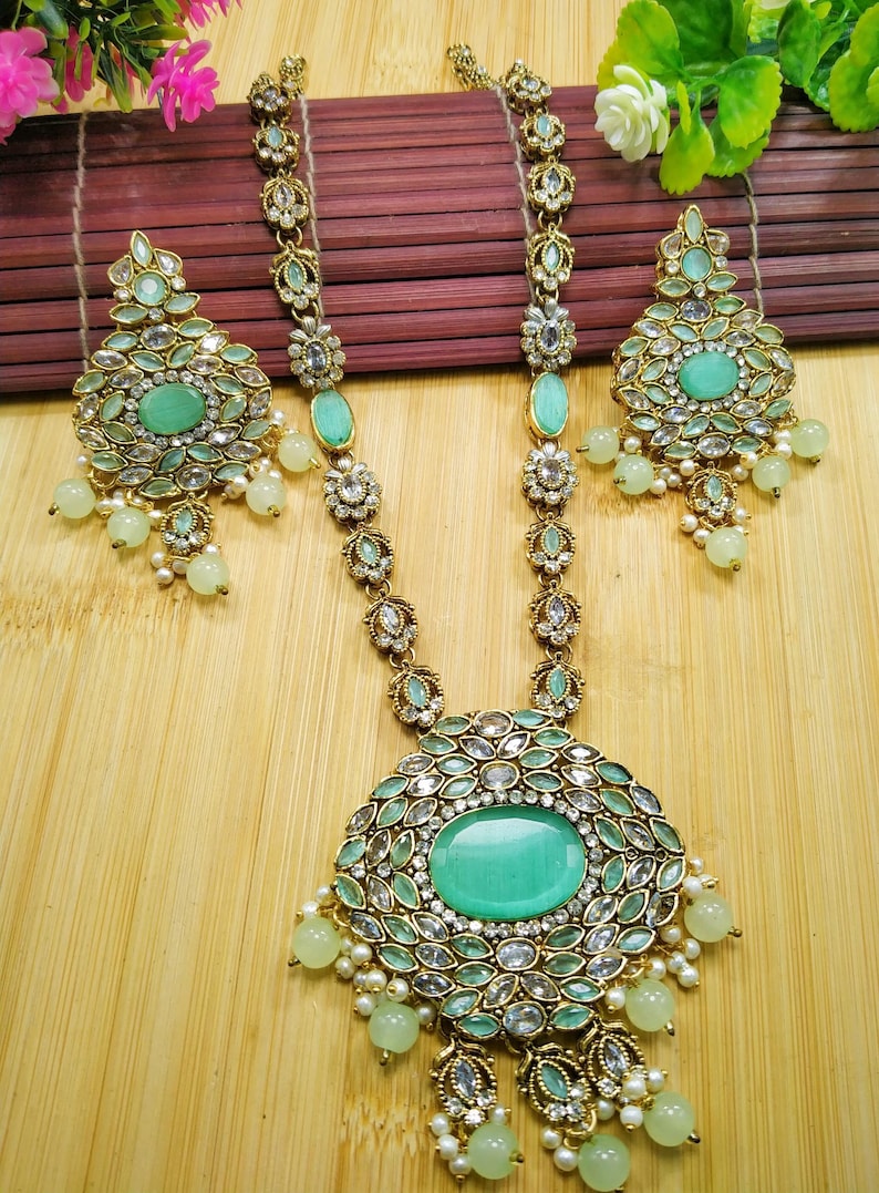 Nauratan Polki Mala Necklace Set: Antique Gold Indian/pakistani Jewelry ...