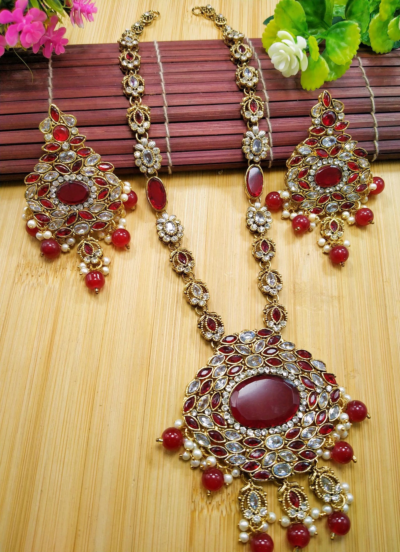 Nauratan Polki Mala Necklace Set: Antique Gold Indian/pakistani Jewelry ...