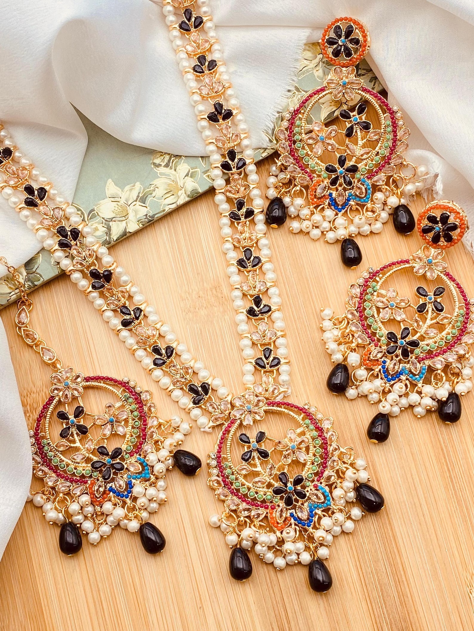 CELINA Indian / Pakistani Nauratan Polki Mala Necklace Set With ...