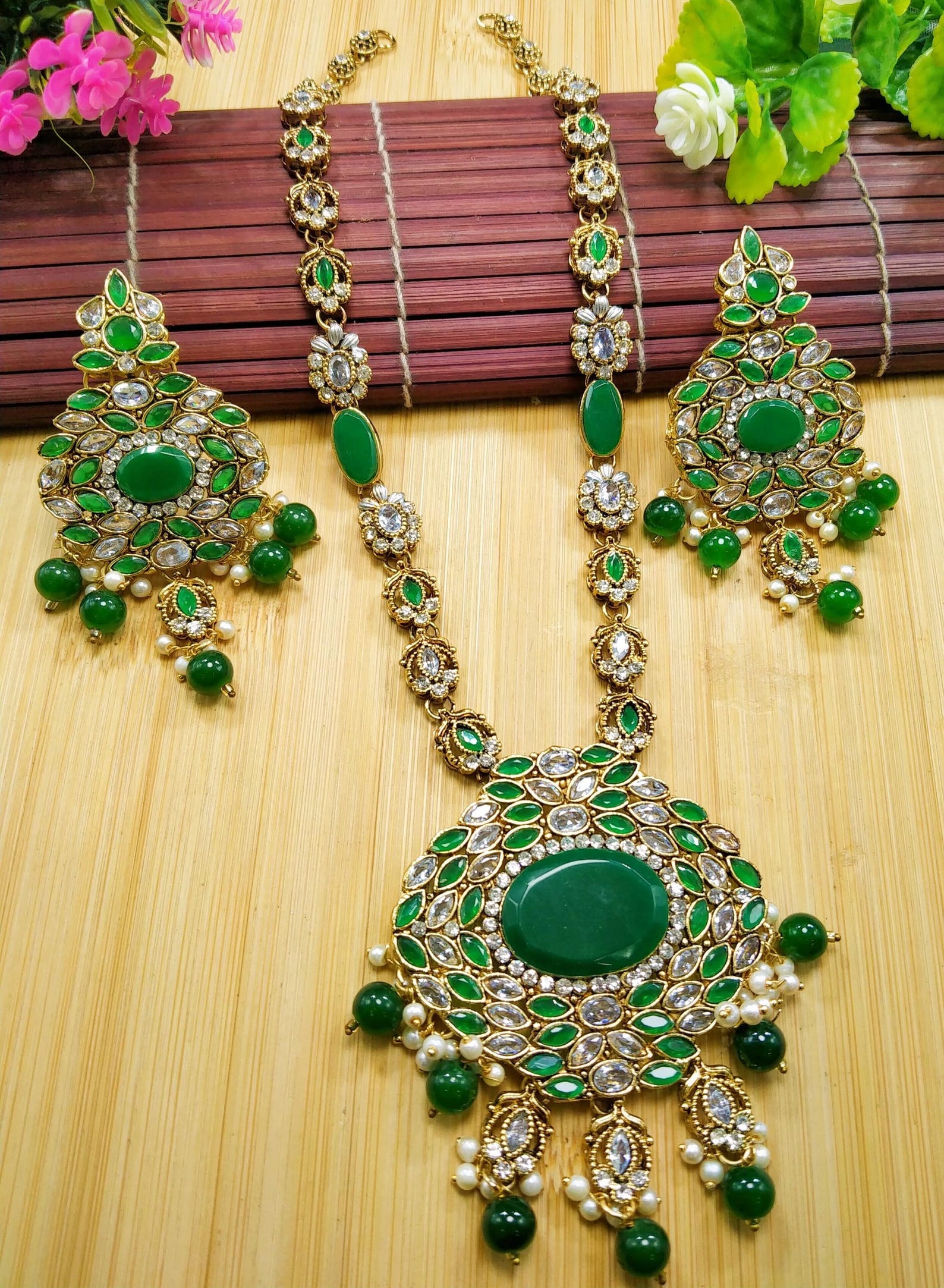 Nauratan Polki Mala Necklace Set: Antique Gold Indian/pakistani Jewelry ...