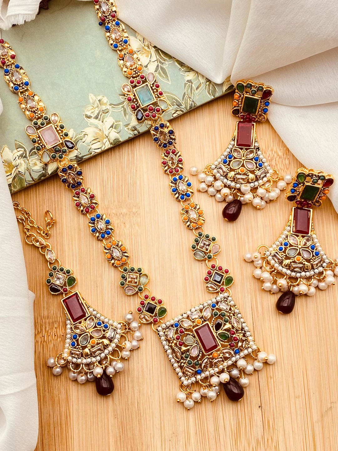 Eva Indian / Pakistani Nauratan Polki Mala Necklace Set With Earrings ...