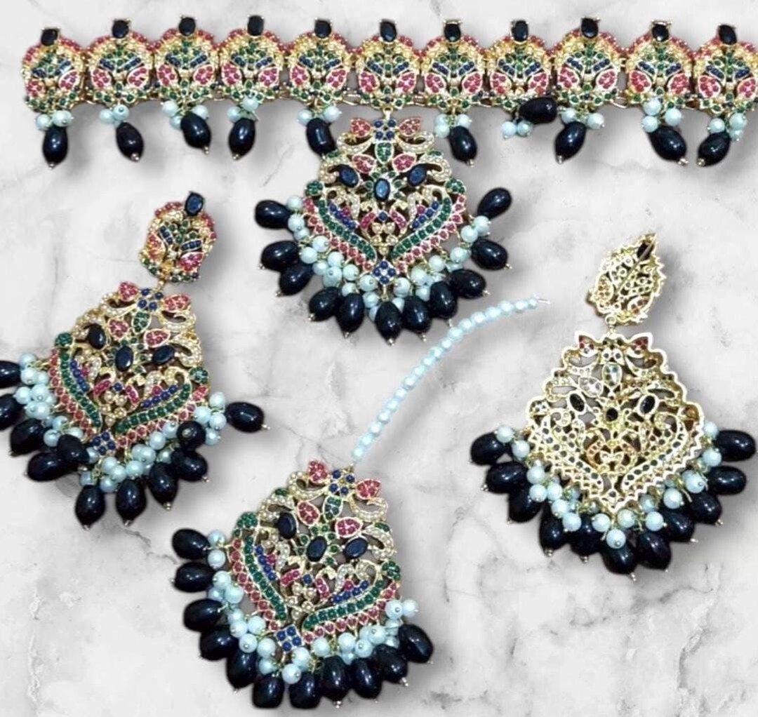 Nauratan Choker Necklace Set: Indian Bridal Jewelry With Earrings ...