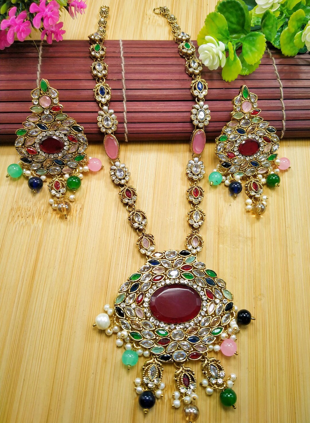 Eva Indian / Pakistani Nauratan Polki Mala Necklace Set With Earrings ...