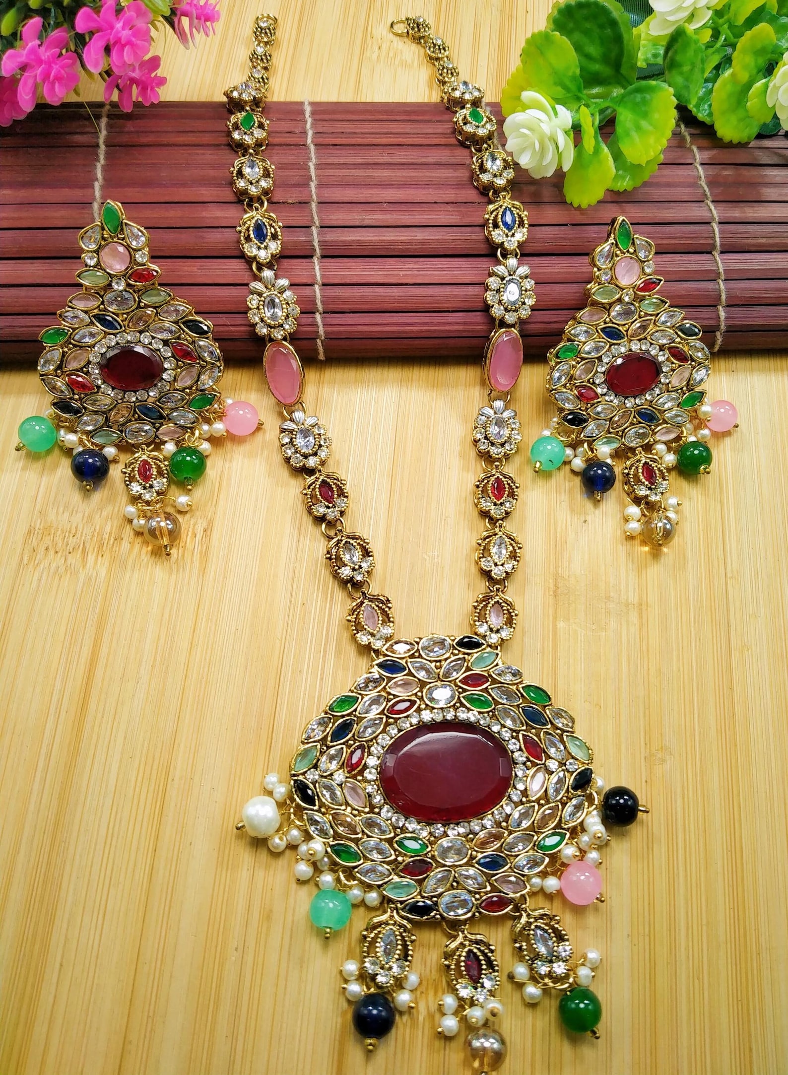 Nauratan Polki Mala Necklace Set: Antique Gold Indian/pakistani Jewelry ...