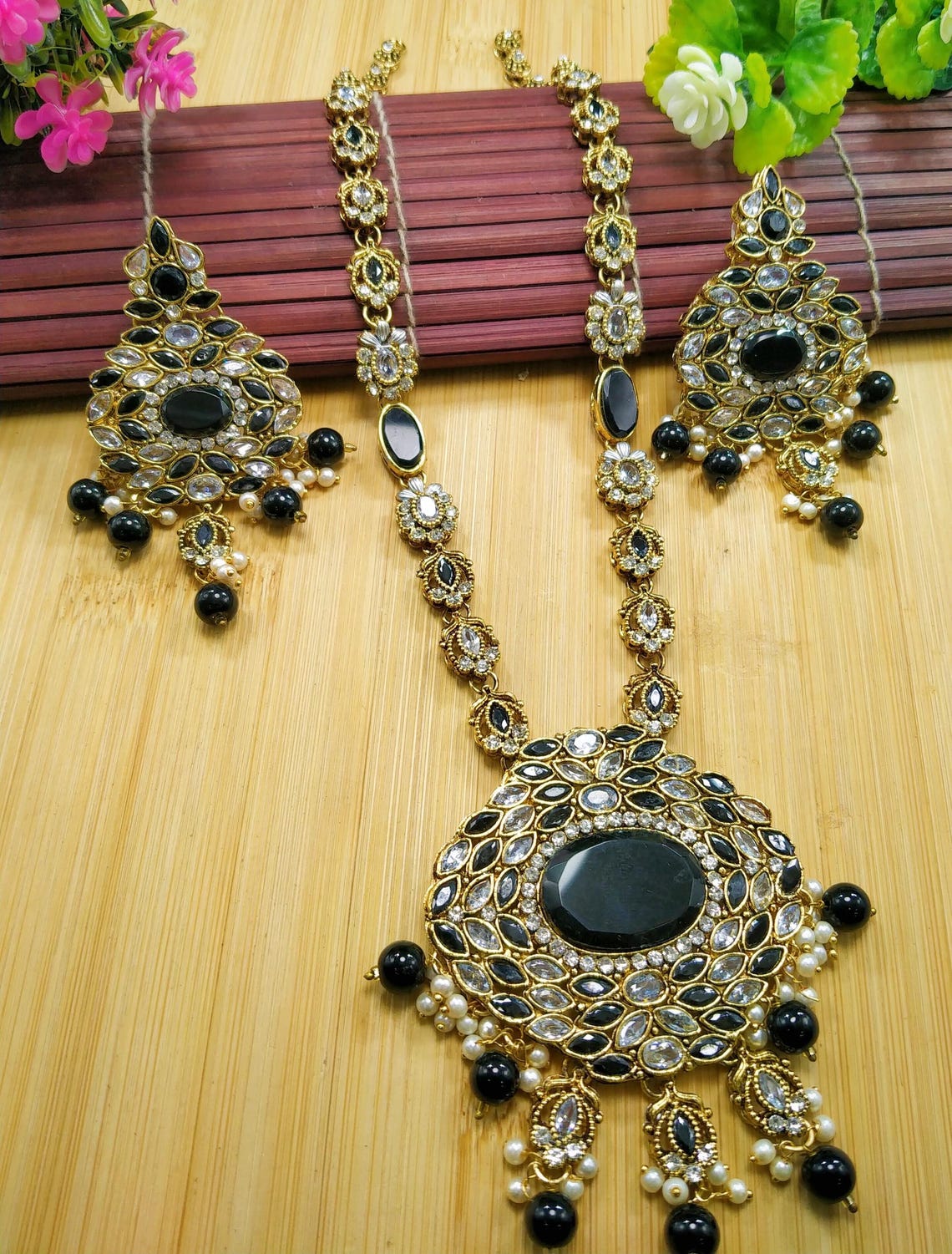 Nauratan Polki Mala Necklace Set: Antique Gold Indian/pakistani Jewelry ...