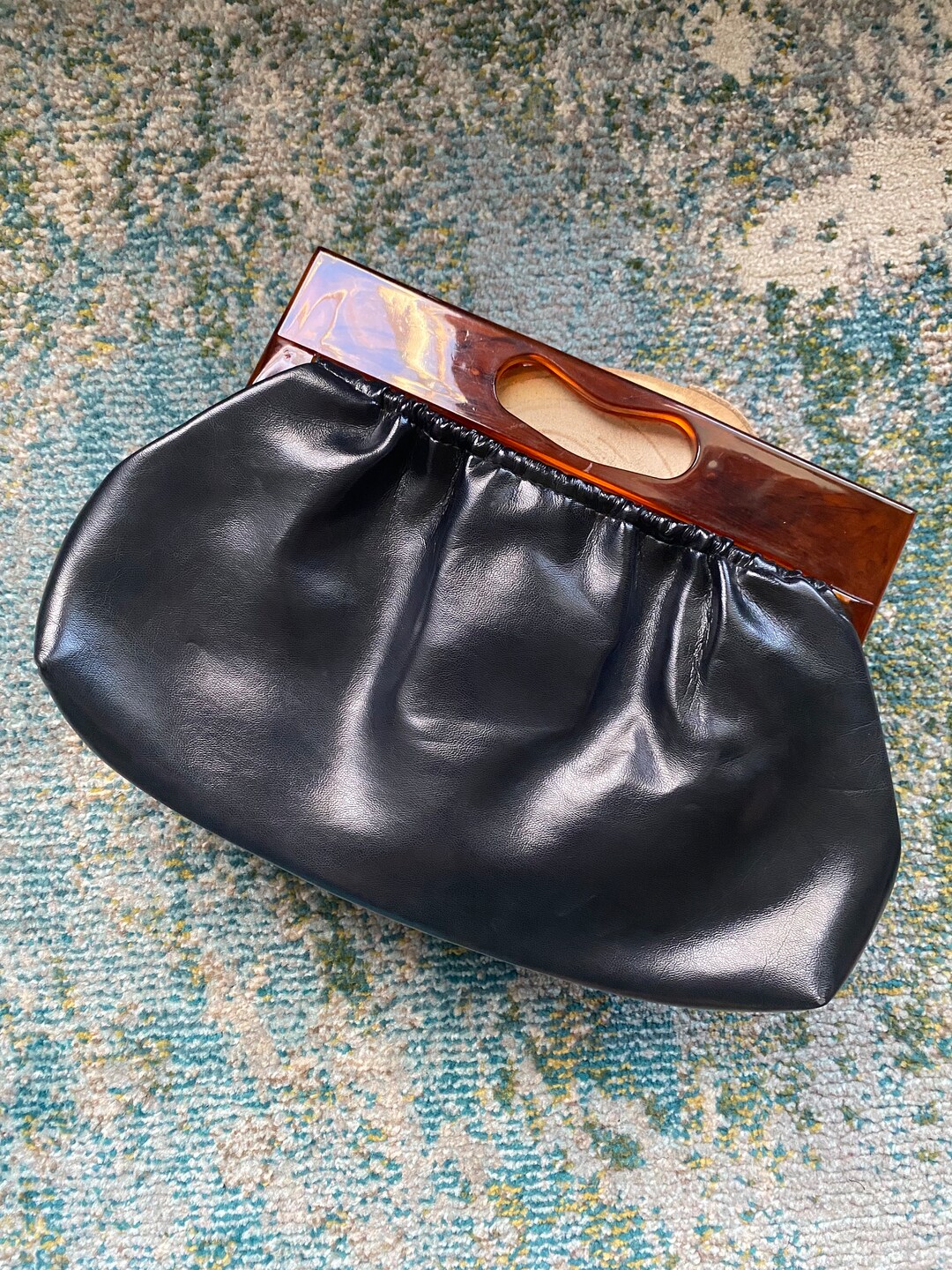 Vintage Black Leather Frame Clutch Bag With Tortoise Top Handles ...