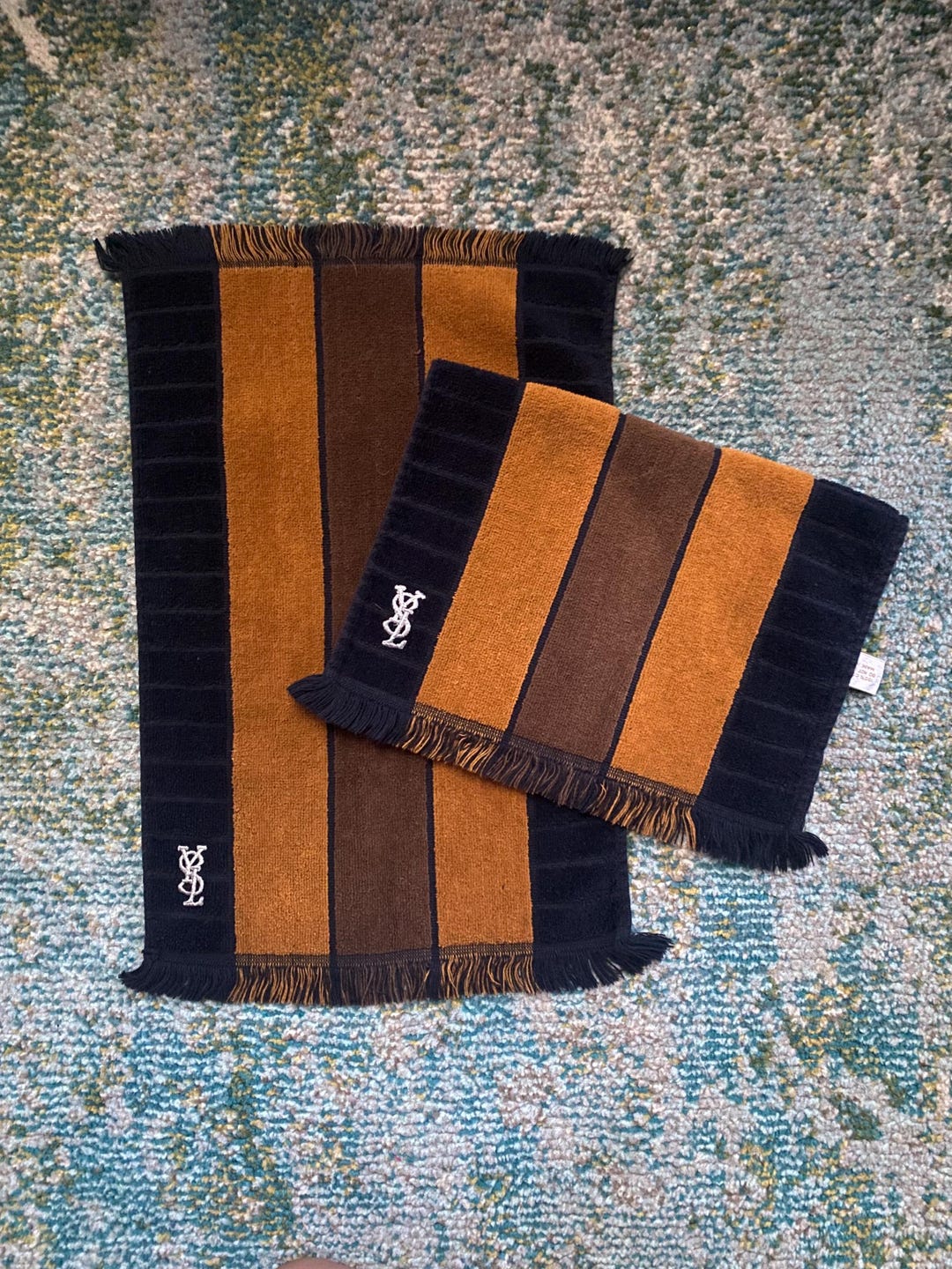 Vintage Set YSL Fieldcrest Ebony Spanish Straw Stripe Fringe Logo Hand ...