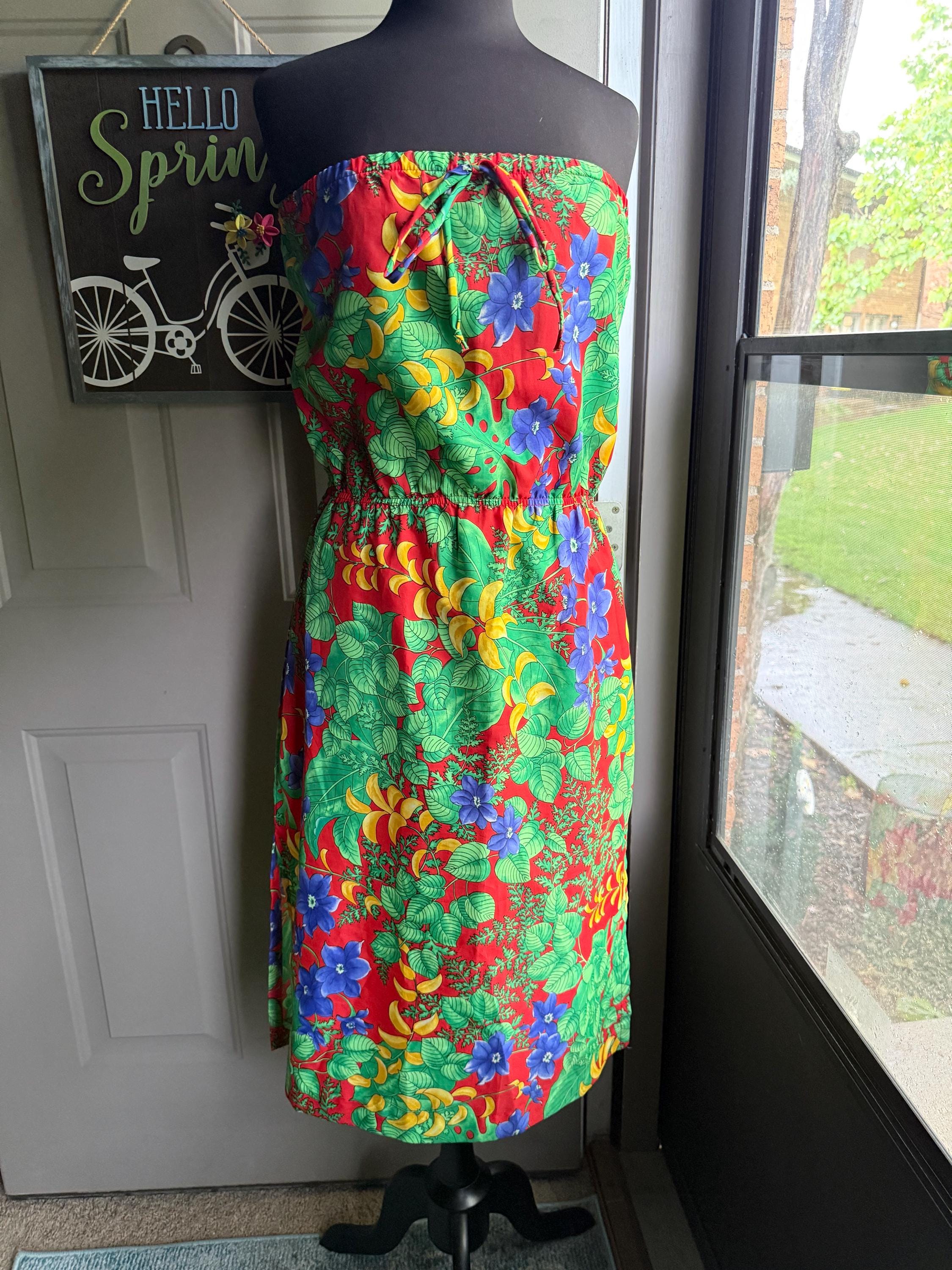 Vintage Hawaiian Palm Red Tropical Strapless Midi Dress, Size Medium ...