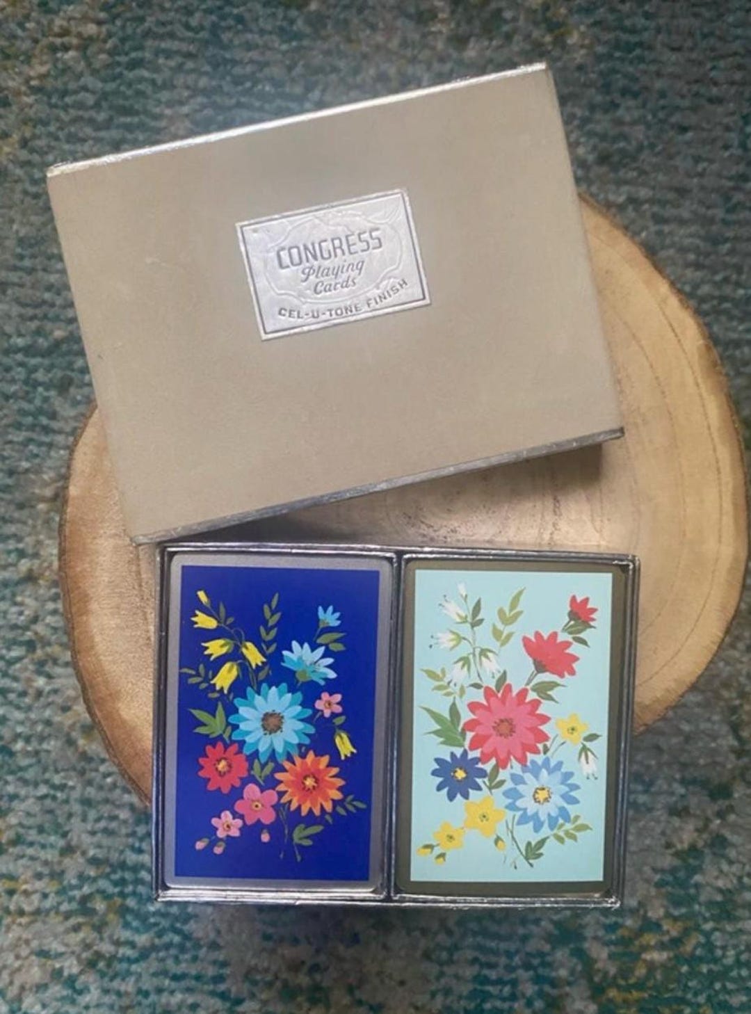Vintage Congress Duo Deck Blue Florals Cel-u Tone Finish Playing Cards ...