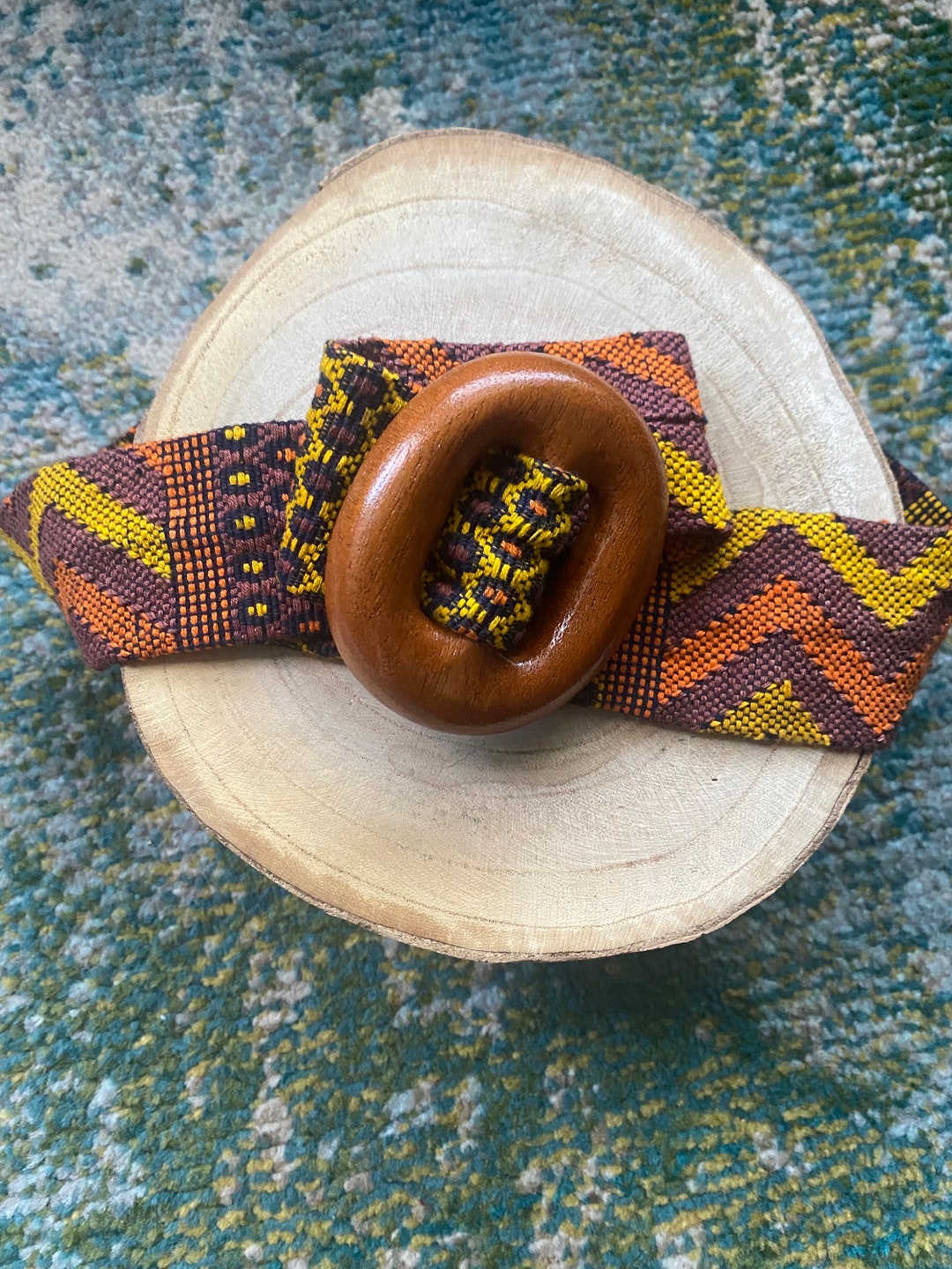 Vintage 70s Groovy Purple Yellow Fabric Printed Oval Wood Buckle Belt ...