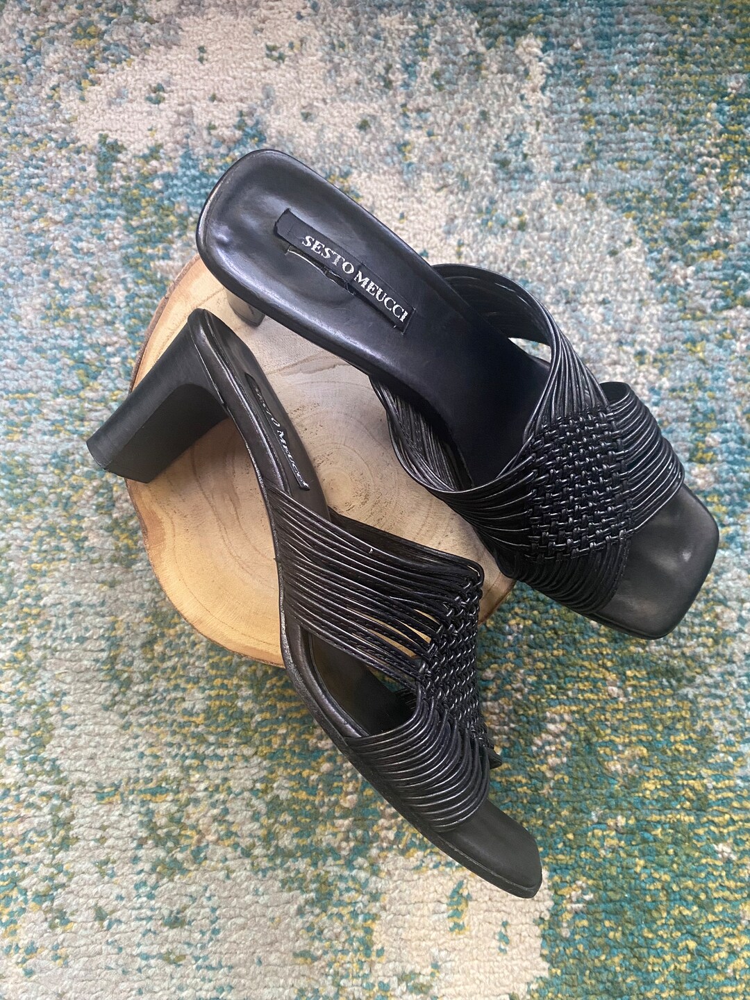 Vintage Sesto Meucci Black Leather Woven Slip on Slide Heels, Size 10M ...