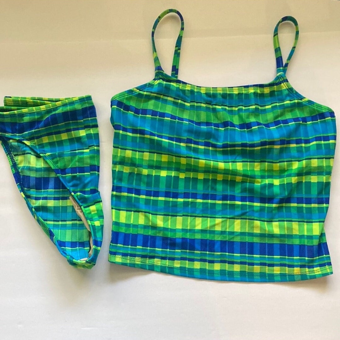 Vintage 90s Kathy Ireland Bright Blue Green Plaid Tankini Swimsuit ...