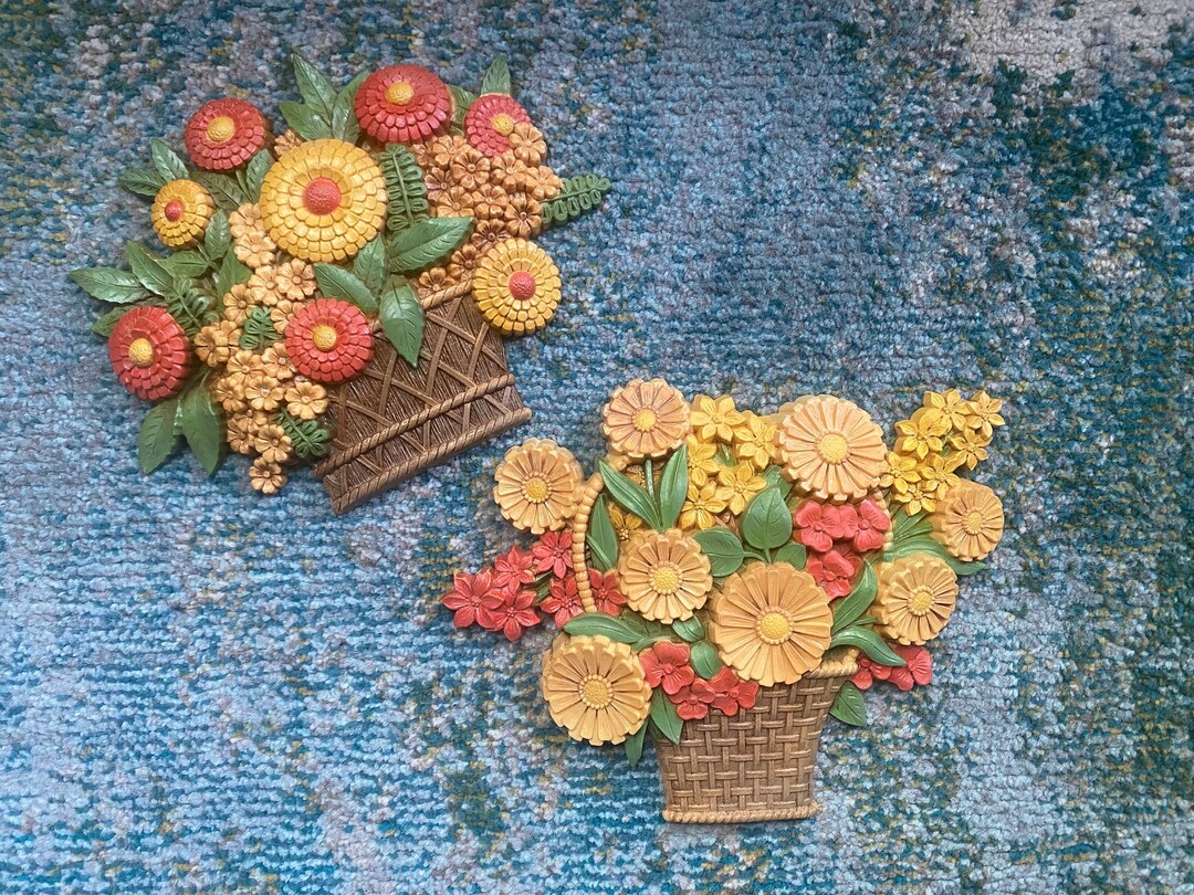 Vintage Set of 70s Syroco MCM Flower Baskets Yellow Orange Floral Wall ...
