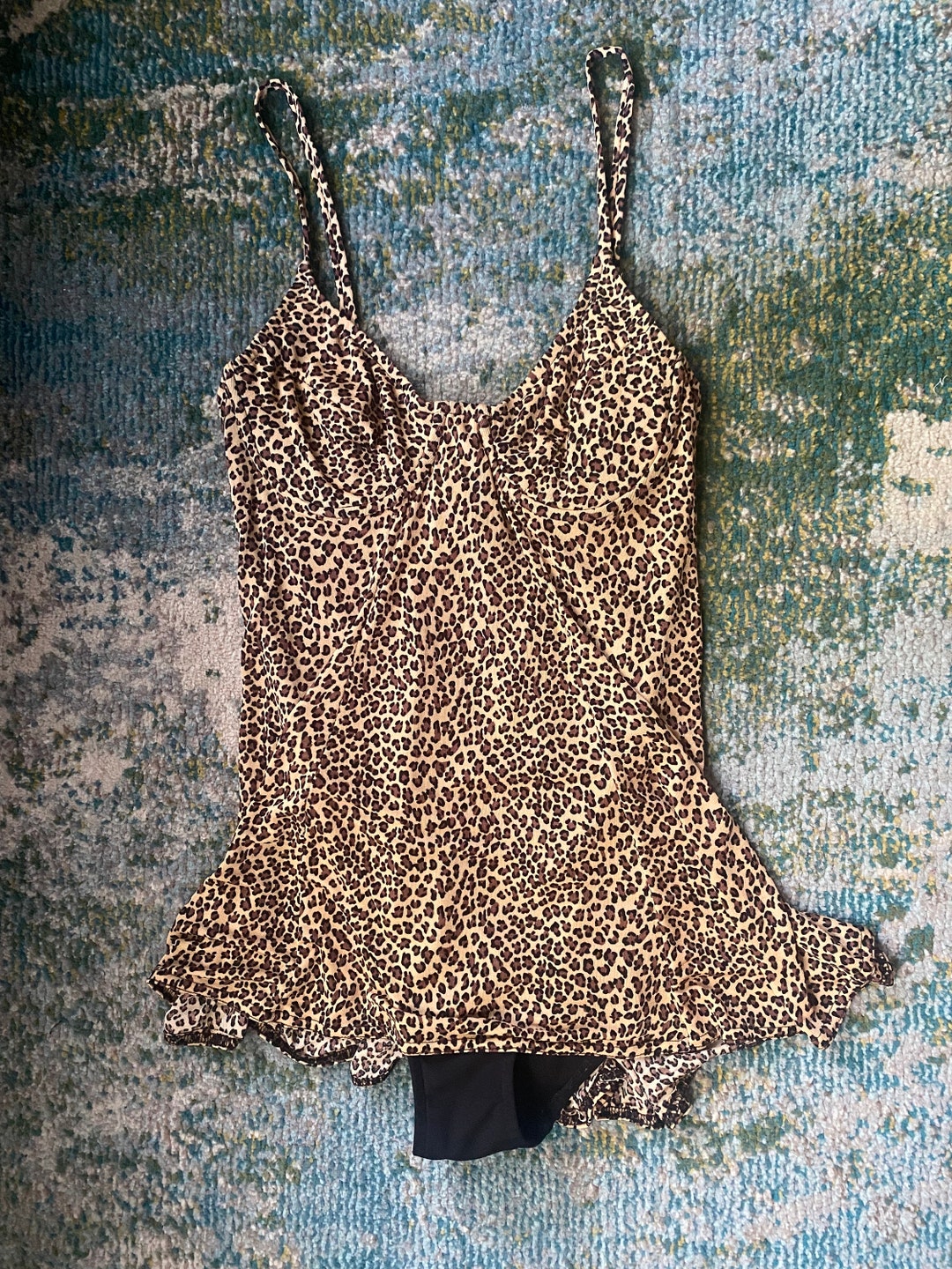 Vintage 90s Beach Cabana Leopard Print One Piece Swim Dress, Size ...
