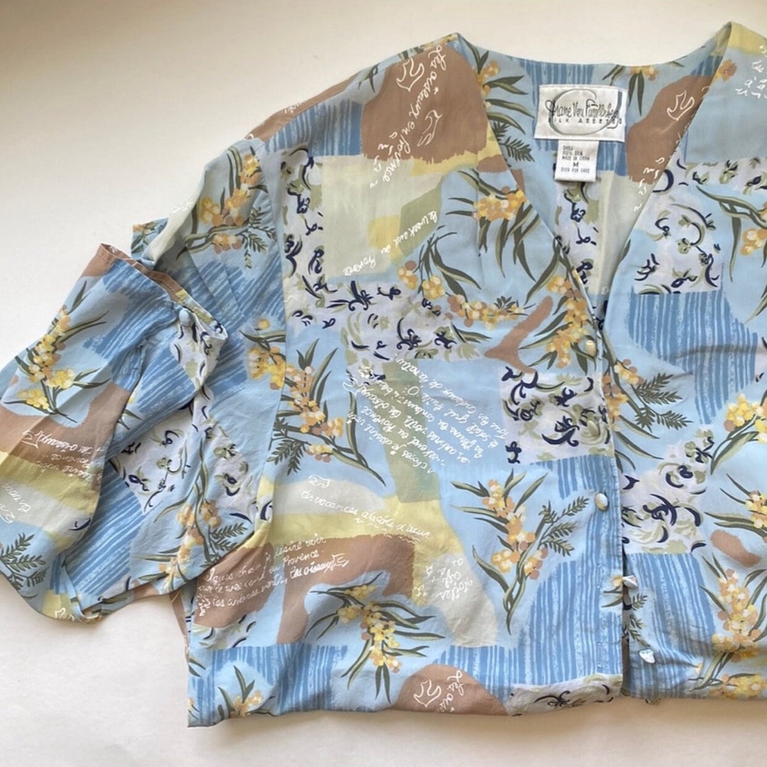 Vintage DVF Silk Blue Parisian Script Words Tunic Blouse, Size Medium ...