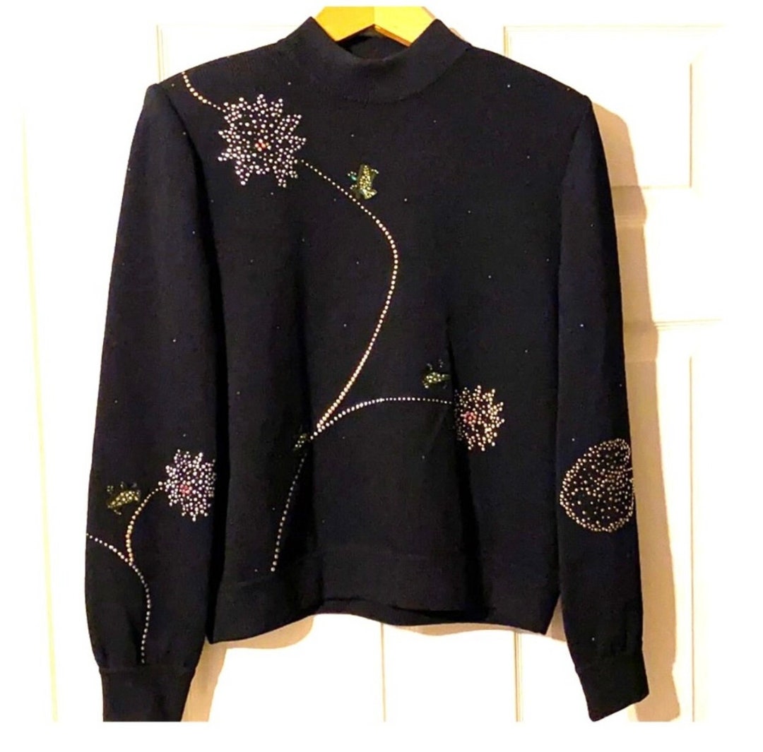 Vintage St. John Swarovski Crystal Frogs & Lily Pad Floral Black Knit Mock Turtleneck Sweater ...