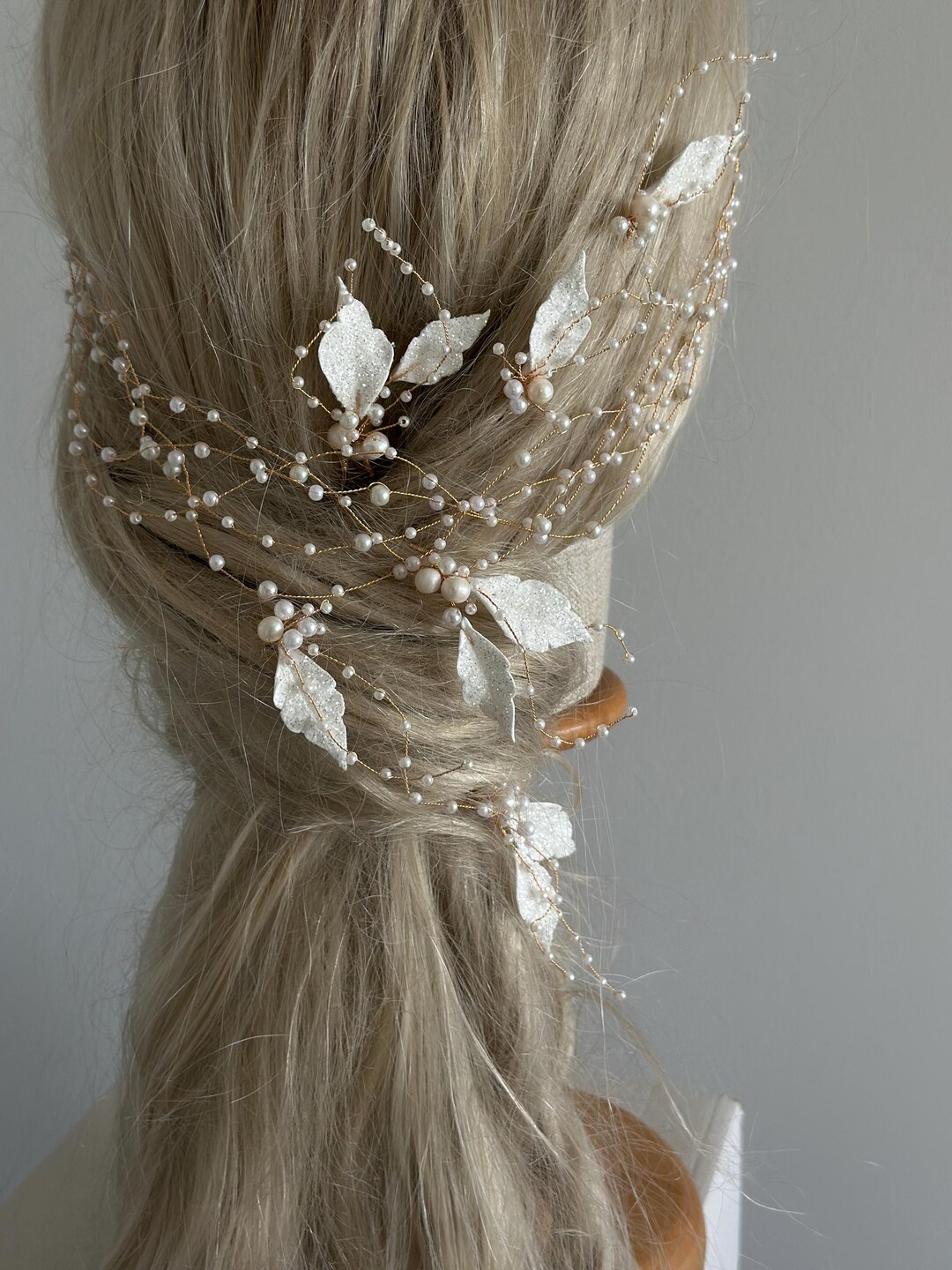 Pearl Bridal Hair Set, Porcelain Leaf Headband, Wedding Hair Pins - Etsy
