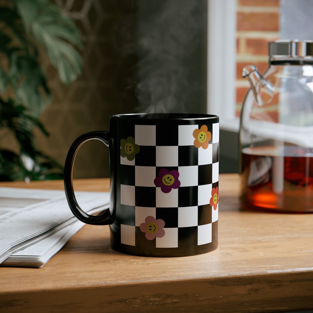 Happy Flowers Coffee Mug, Checkered Mug, Black and White Checkered Mug ...