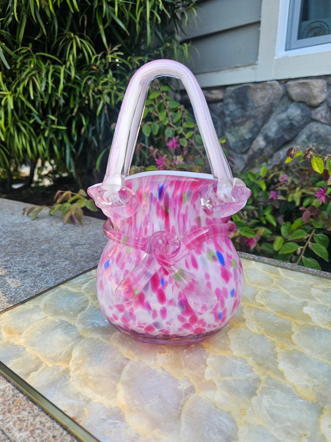 Vintage Block Crystal Art Glass Handbag Vase catherine Design With Pink ...