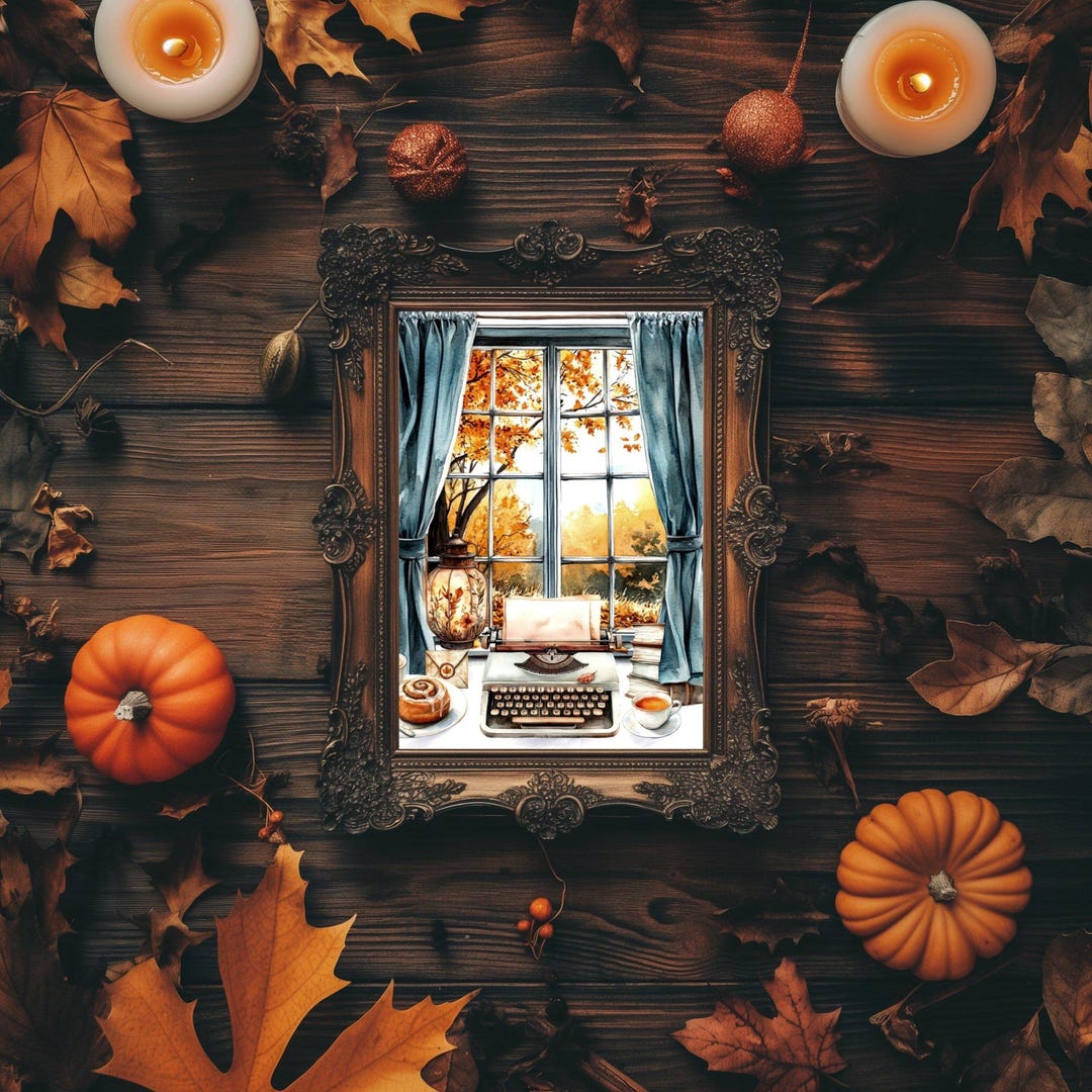 Autumn Poster & Card – Writer’s Desk & Autumn Window – Cozy Atmosphere ...