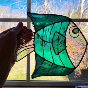 Stained Glass Fish Art for Window Suncatcher Green Irridescent Hanging ...