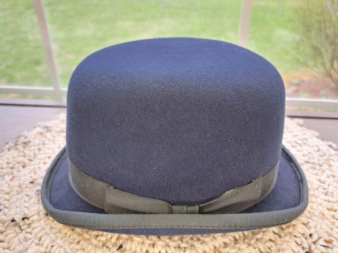Antique Hat Navy Blue Bowler Derby Fur Felt Men's 6 5/8 Midwest ...