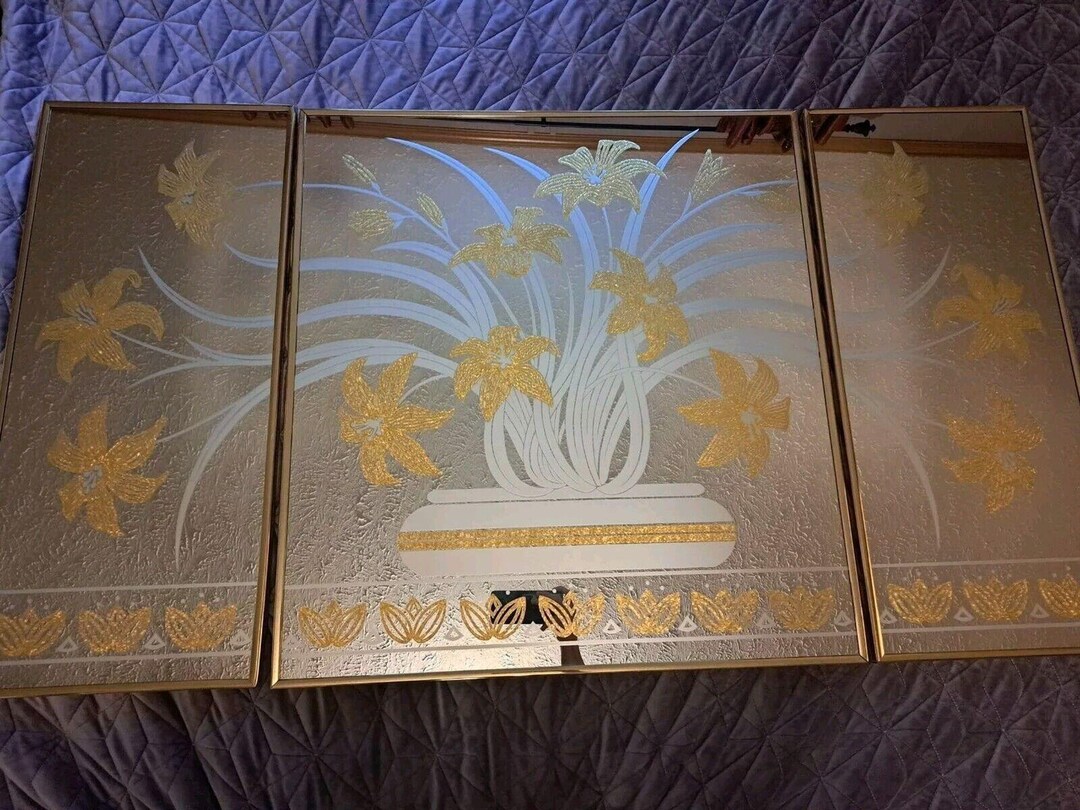Vintage Triptych Mirror Set of 3 80s Etched Floral Art Deco Style Gold ...