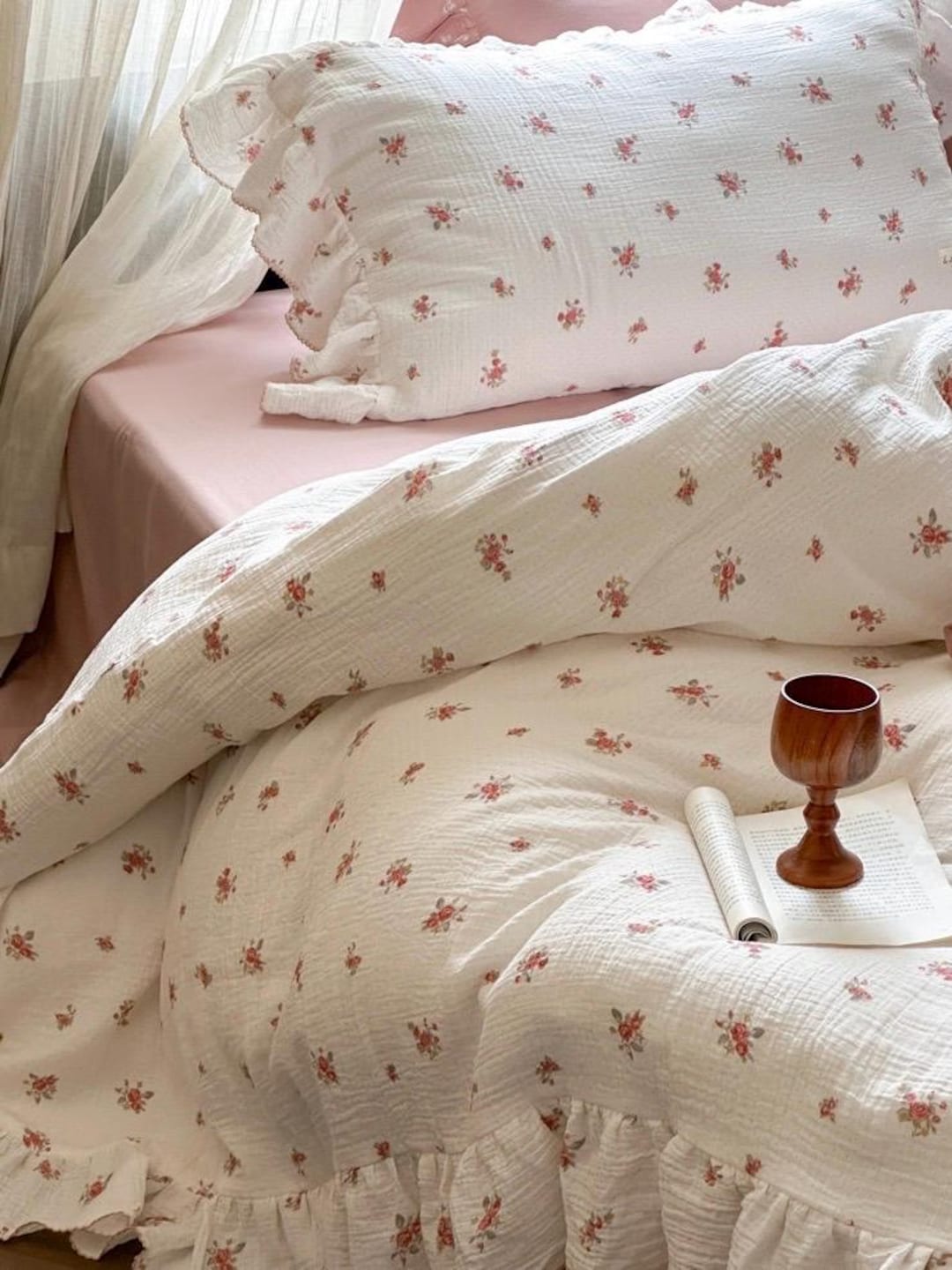Rose Coquette Floral Duvet Cover Set, Double Gauze Soft Ruffle Cotton ...