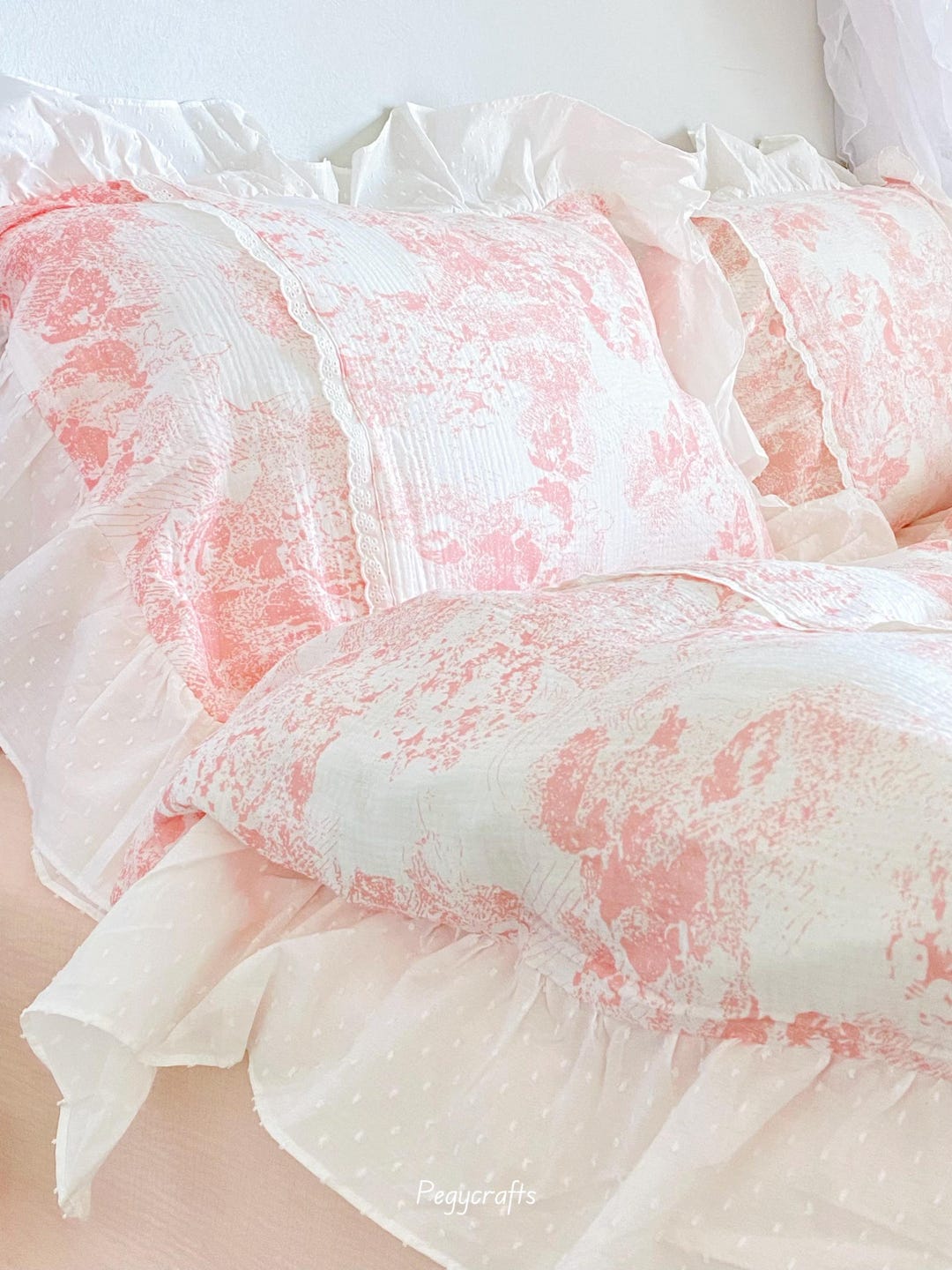 Ruffle Coquette Floral Duvet Cover 4pcs Set, Pink Lace Ruffle Floral ...