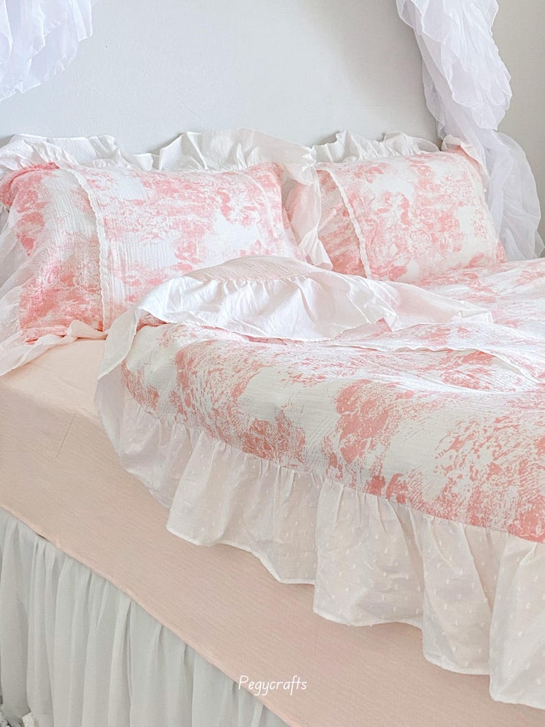 Ruffle Coquette Floral Duvet Cover 4pcs Set, Pink Lace Ruffle Floral ...