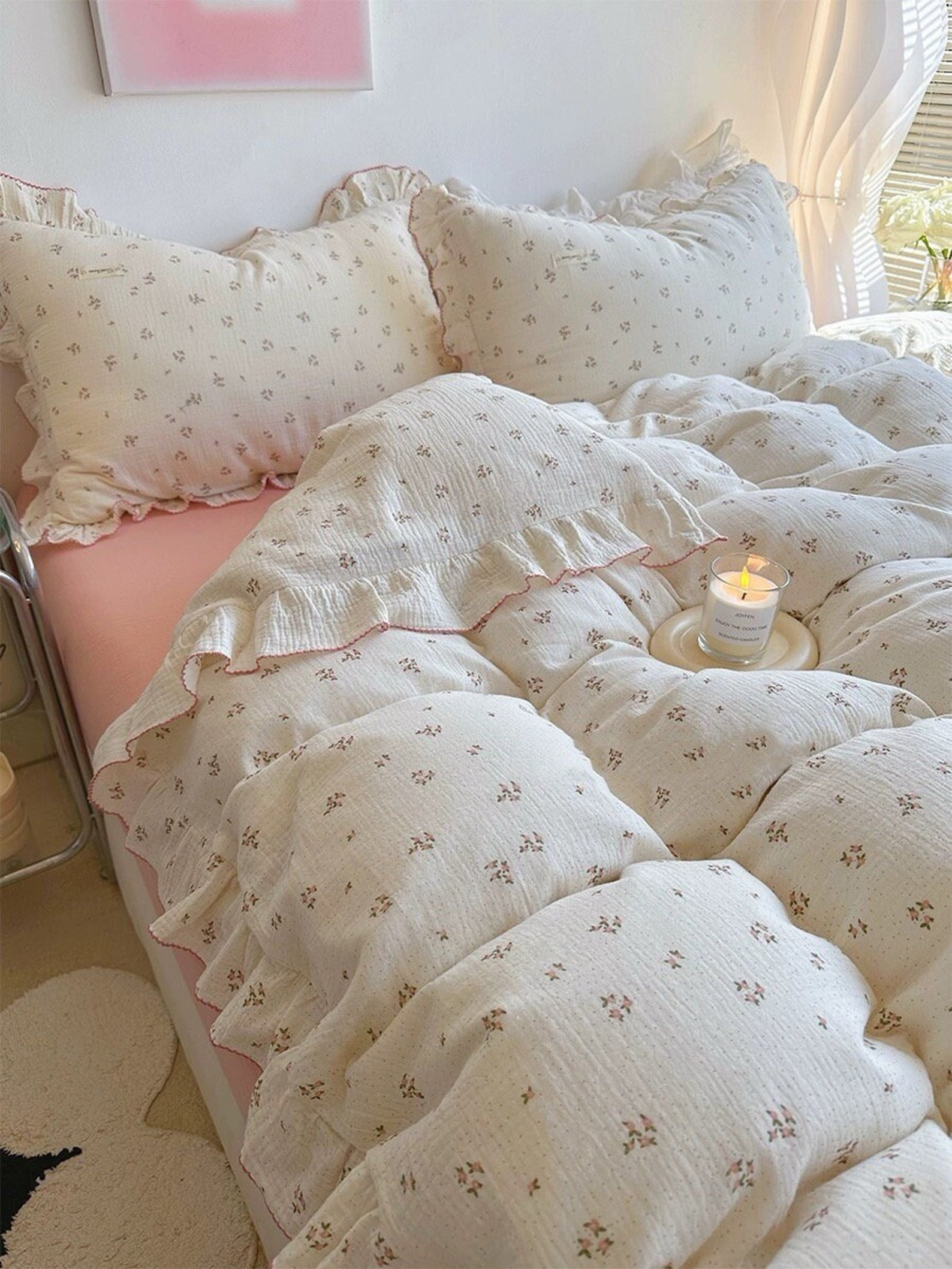Pink Ruffle Coquette Floral Duvet Cover Set, Double Gauze Soft Cotton ...