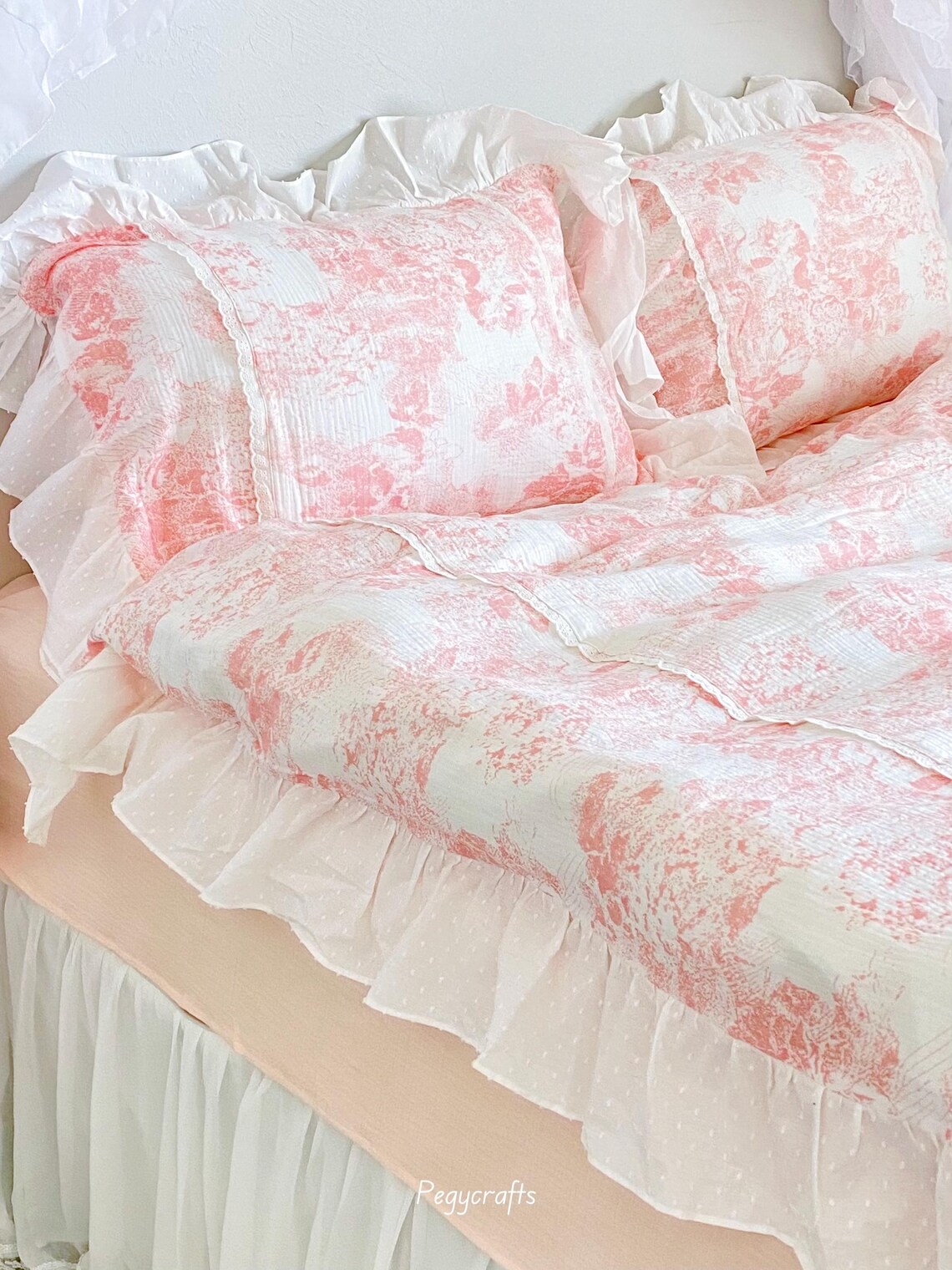 Ruffle Coquette Floral Duvet Cover 4pcs Set, Pink Lace Ruffle Floral ...