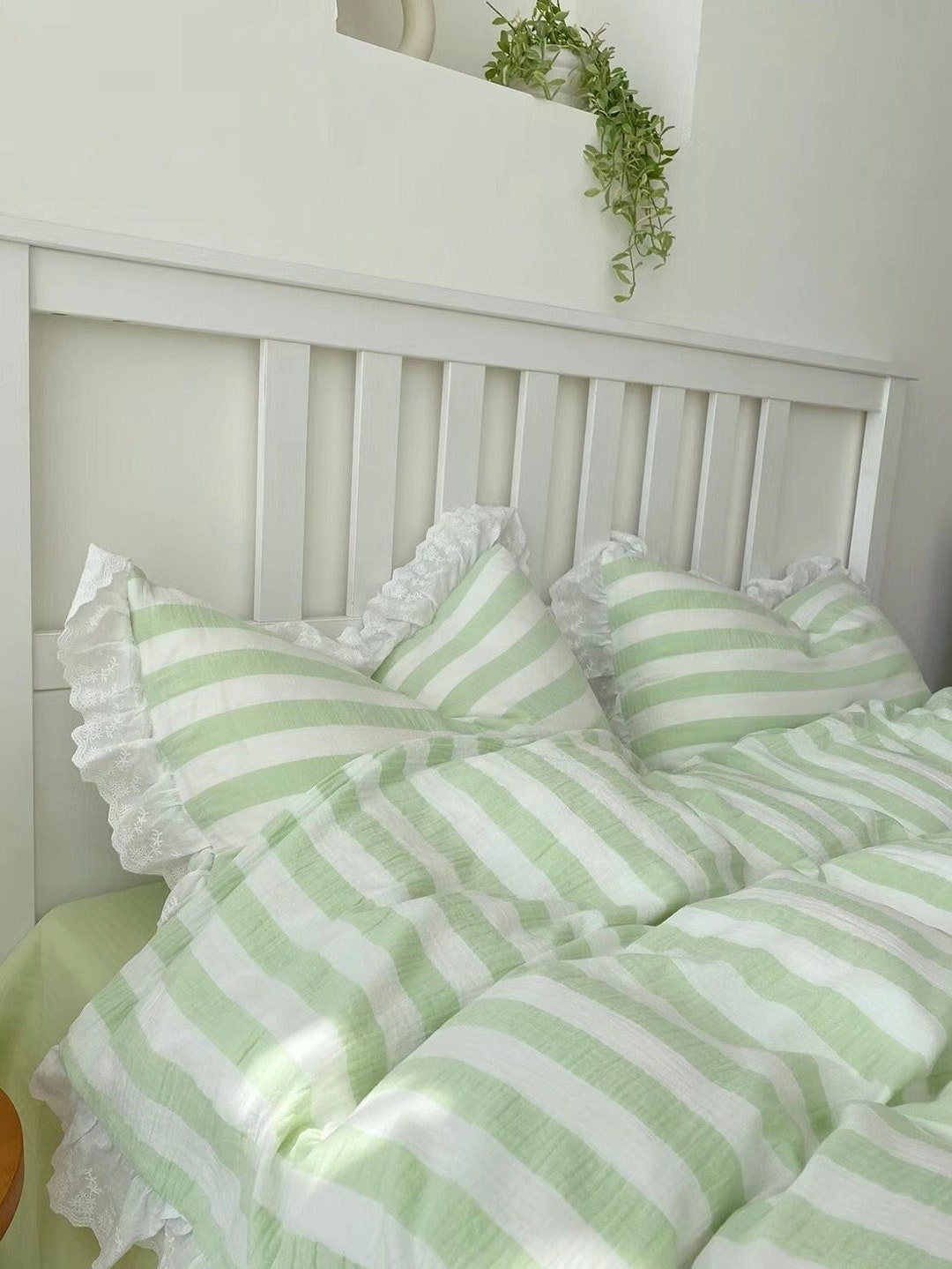 Stripe Green Duvet Cover 4pcs Set, Double Gauze Soft Cotton Full Queen ...