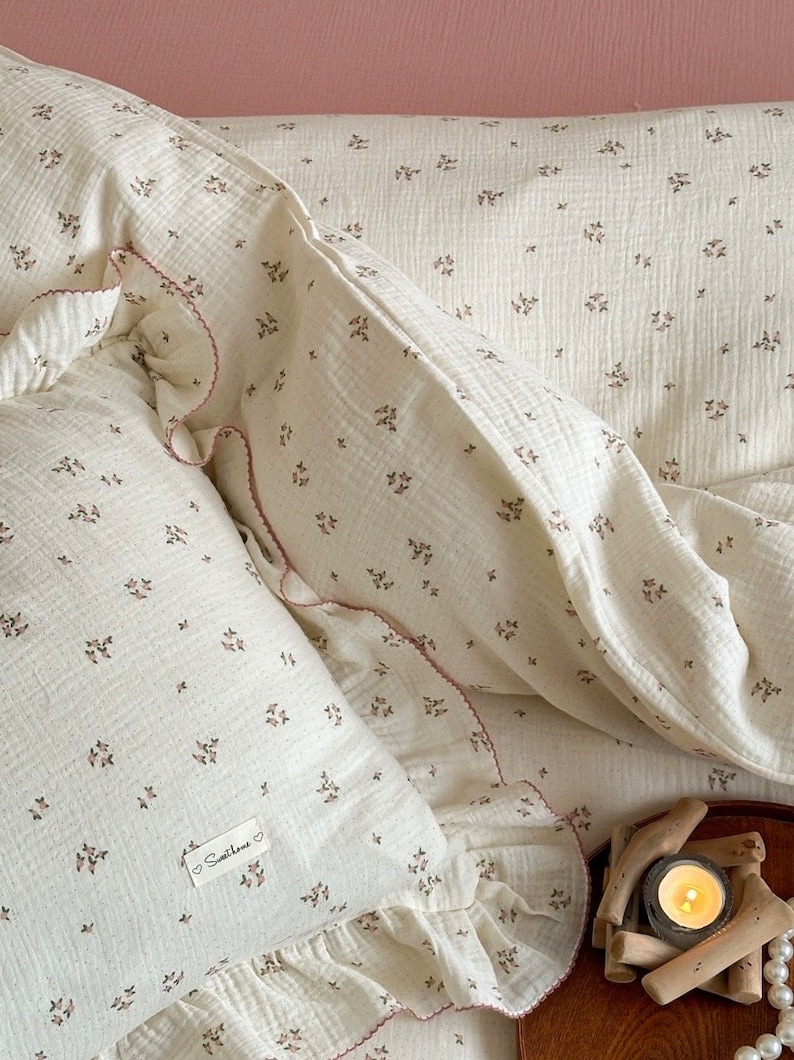 Pink Ruffle Coquette Floral Duvet Cover Set, Double Gauze Soft Cotton ...