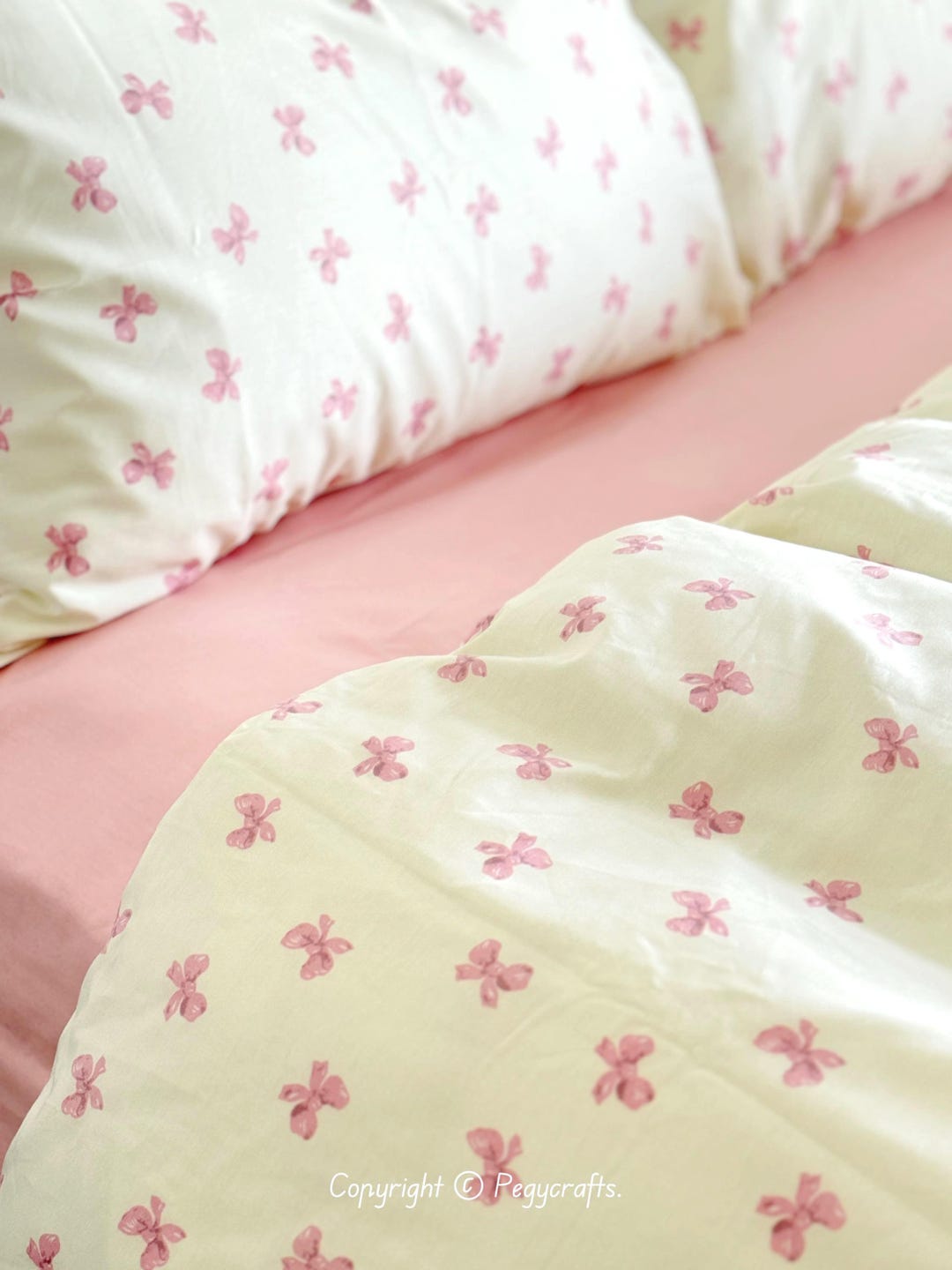 Coquette Pink Bowtie Duvet Cover 4pcs Set, Pink Cotton Princess Bedding ...