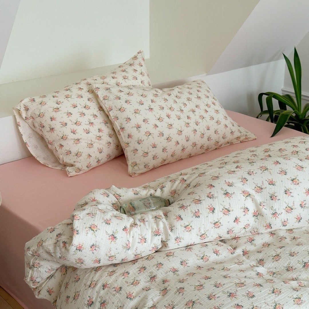 Floral Coquette Ruffled Duvet Cover Set, Pink Double Gauze Soft Cotton ...